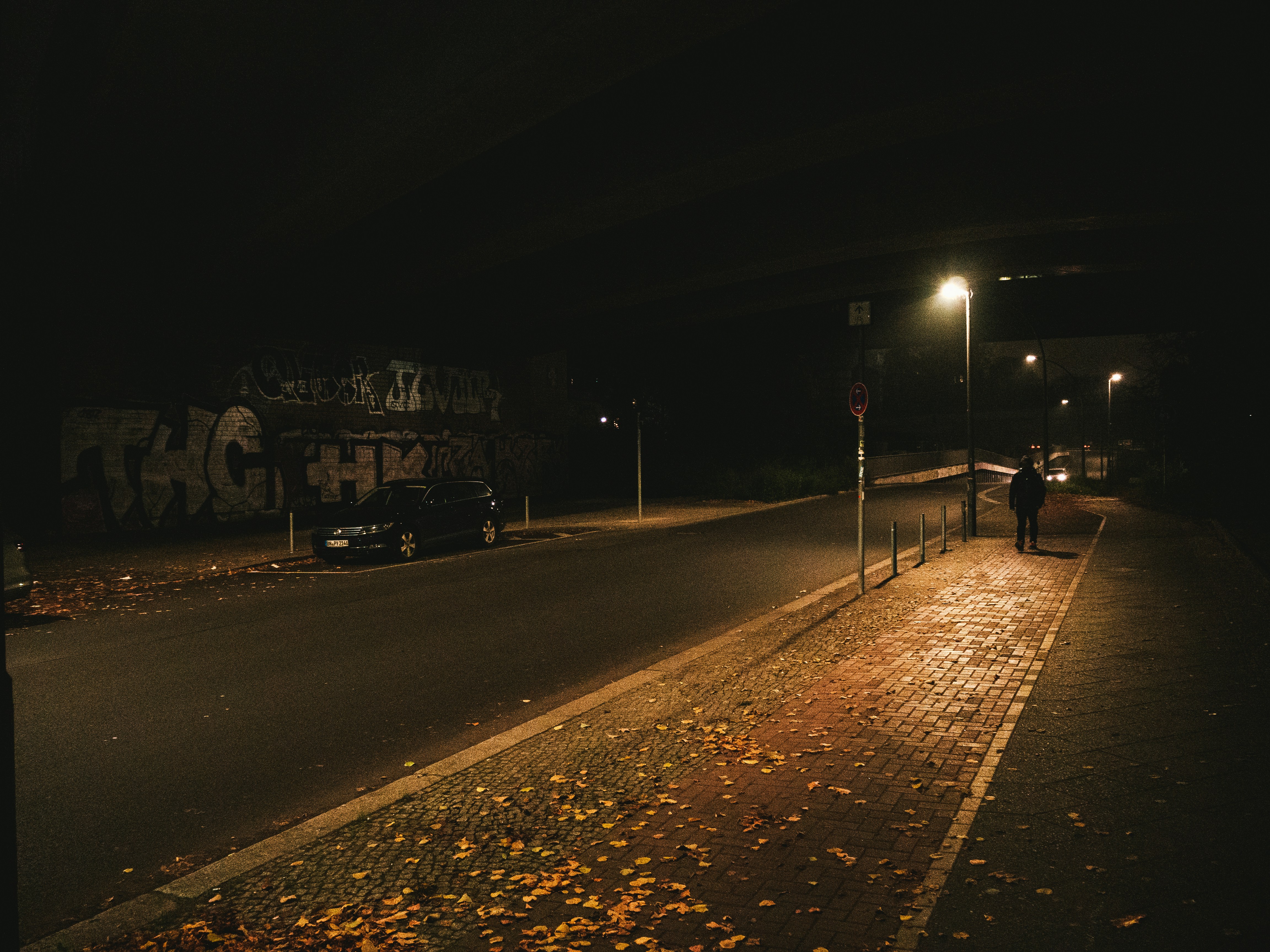 A solitary figure walks along a dimly lit street under a bridge, with fallen leaves scattered on the pavement and graffiti visible on the wall. Streetlights cast a soft glow, enhancing the ambiance of the scene.