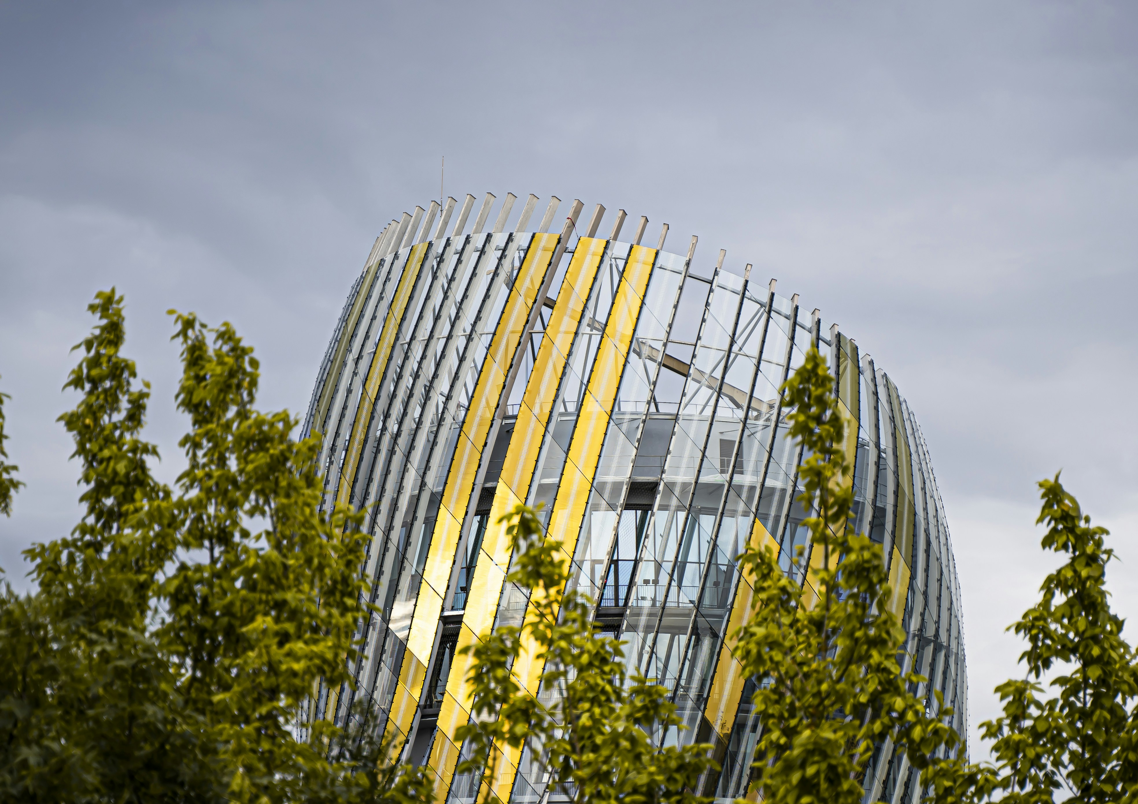 Curved glass building with yellow accents framed by leafy green trees against a cloudy sky.