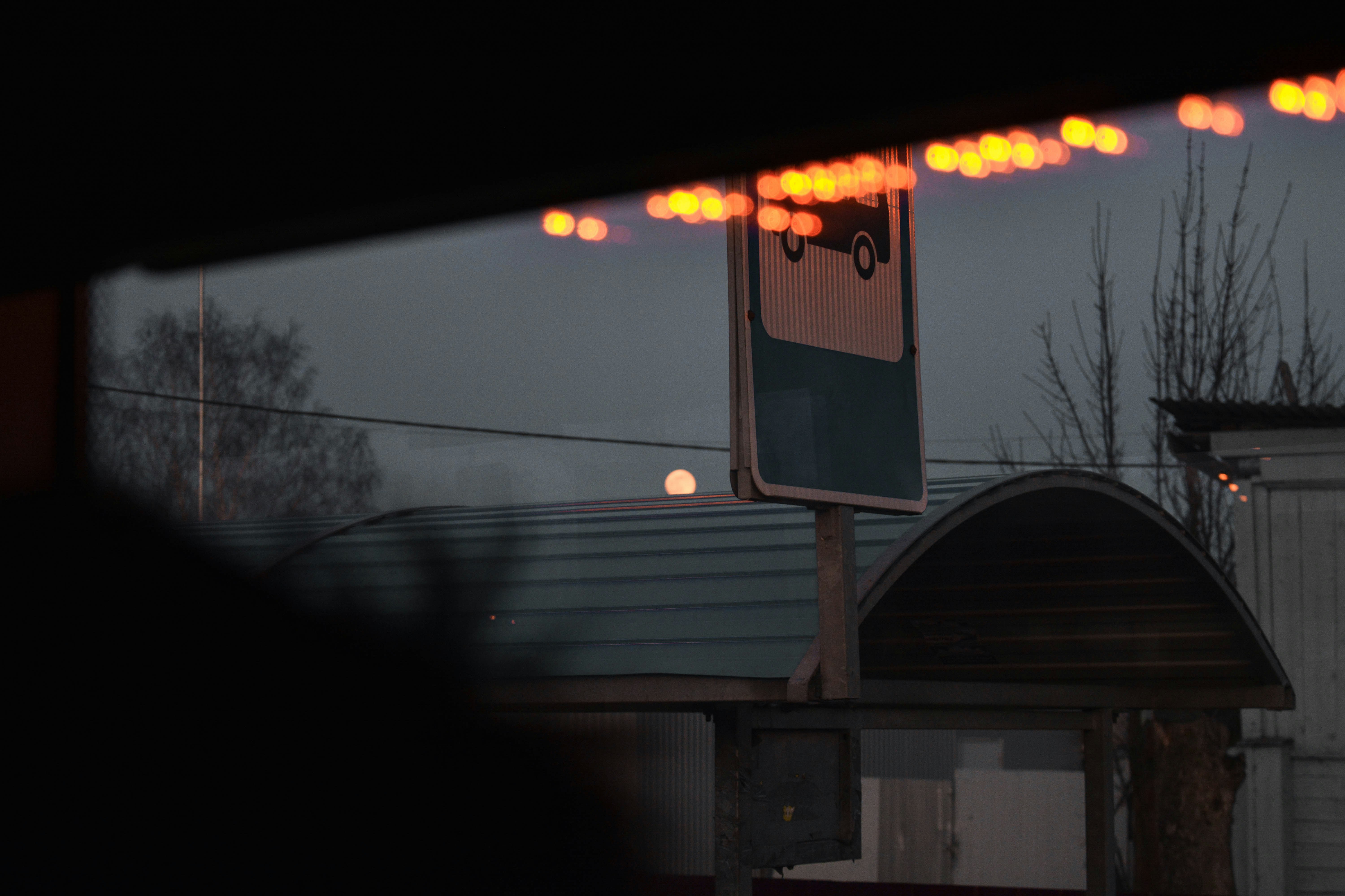 Neon-on-Steel: A Dusk Signlit Through a Quiet Bus Stop