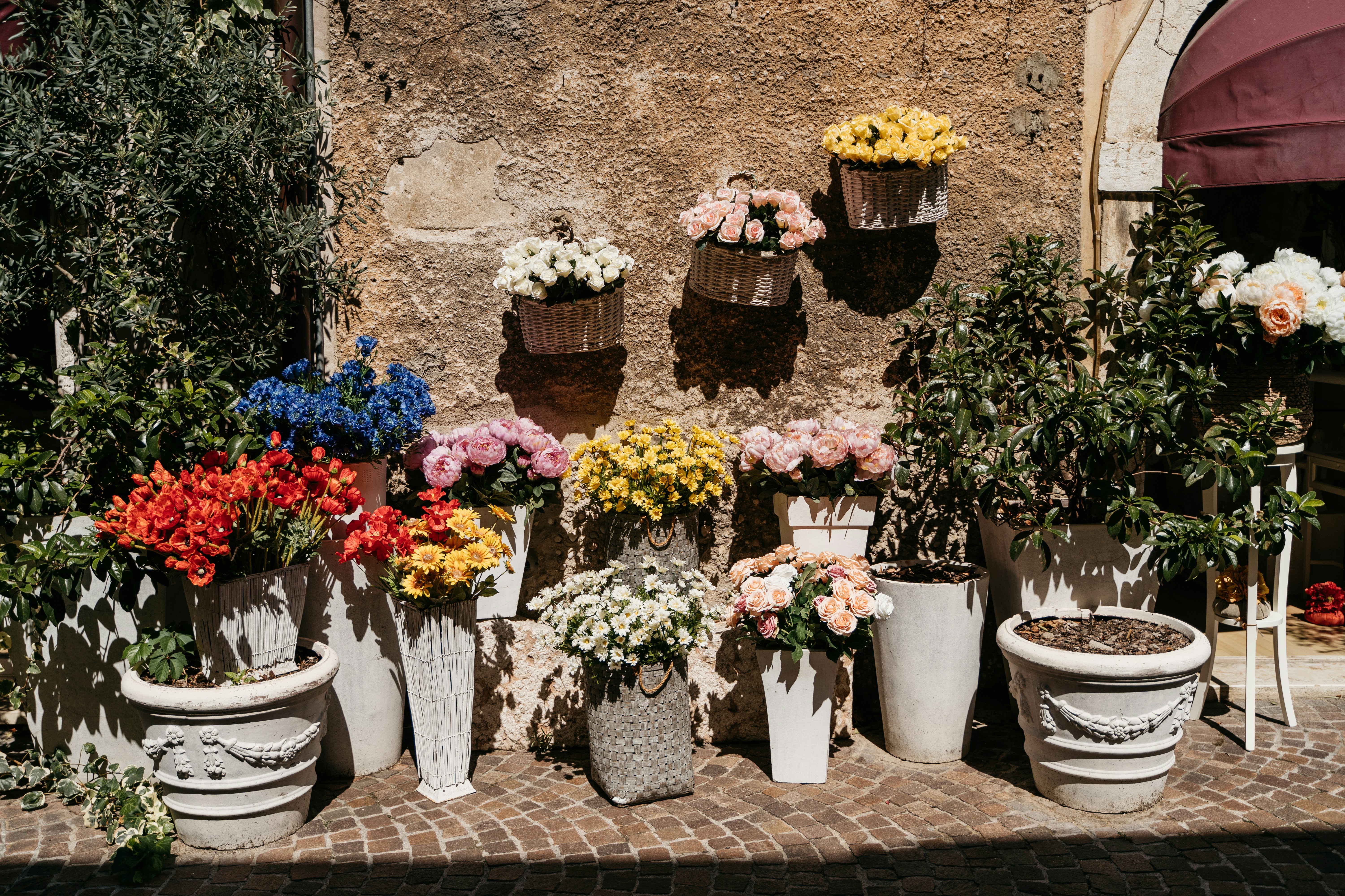 Colorful Pot Garden Lines a Sunlit Street