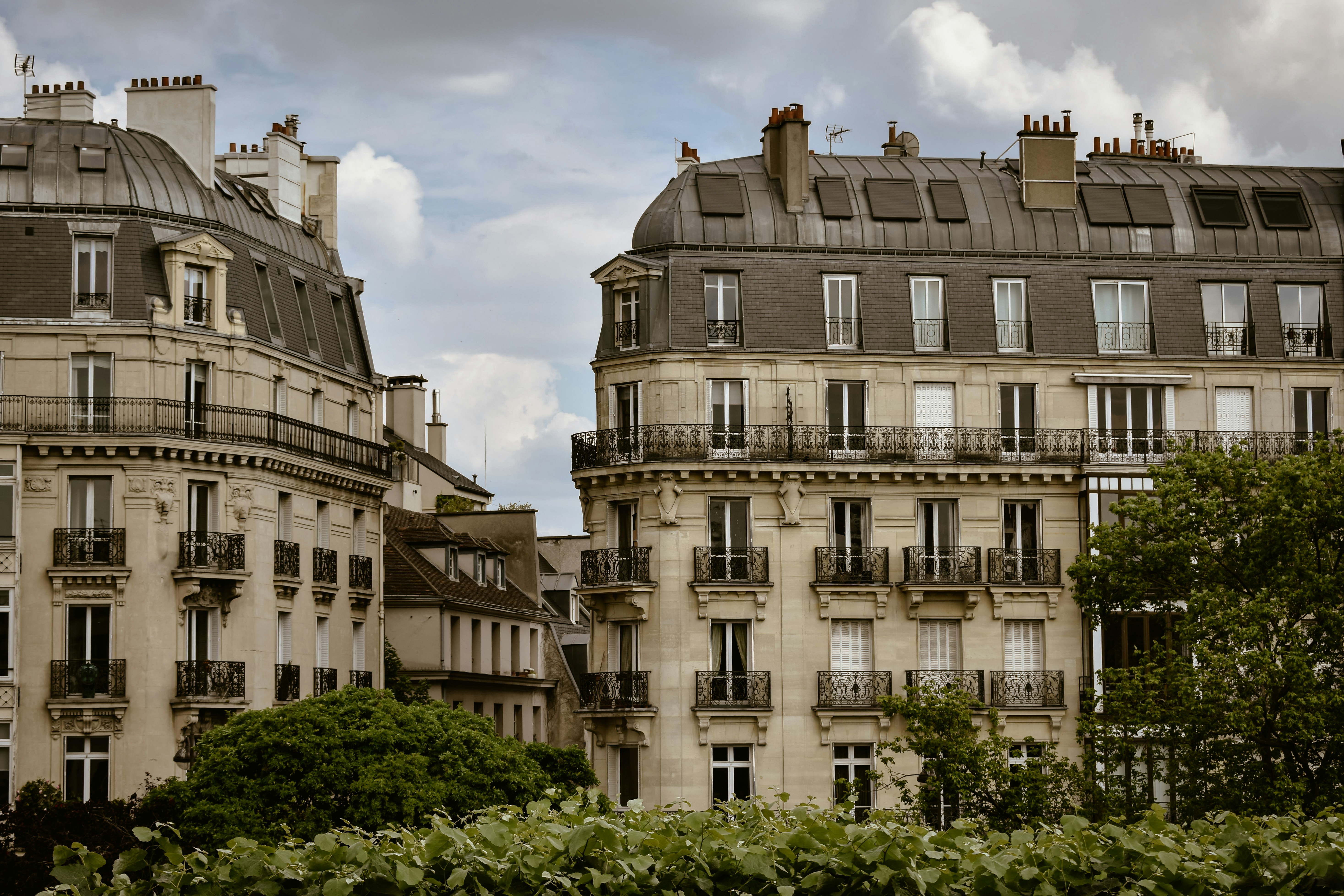 Elegant Parisian buildings with intricate architectural details, framed by lush greenery and a cloudy sky.