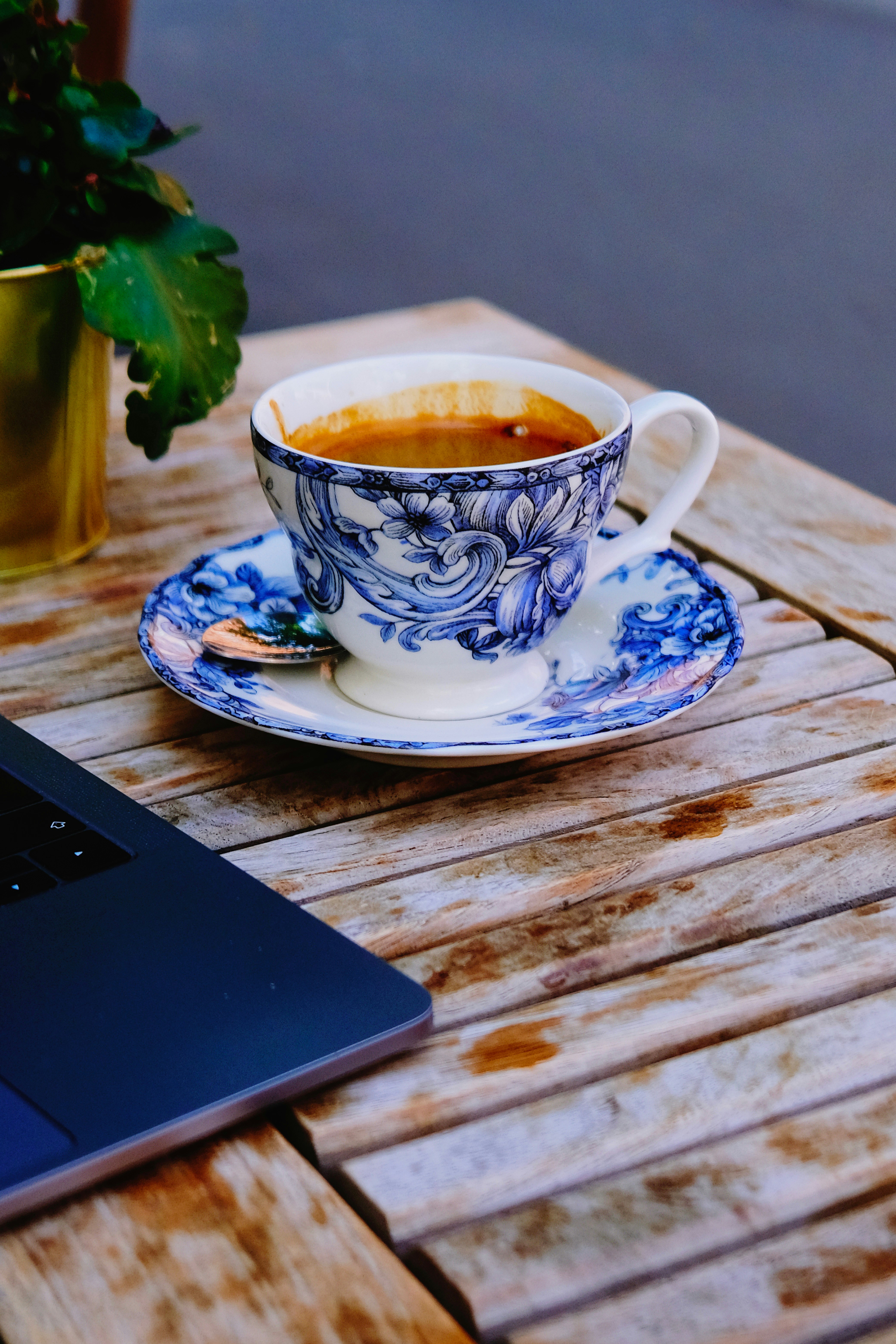 Cerulean Porcelain Moment: Espresso on Weathered Wood