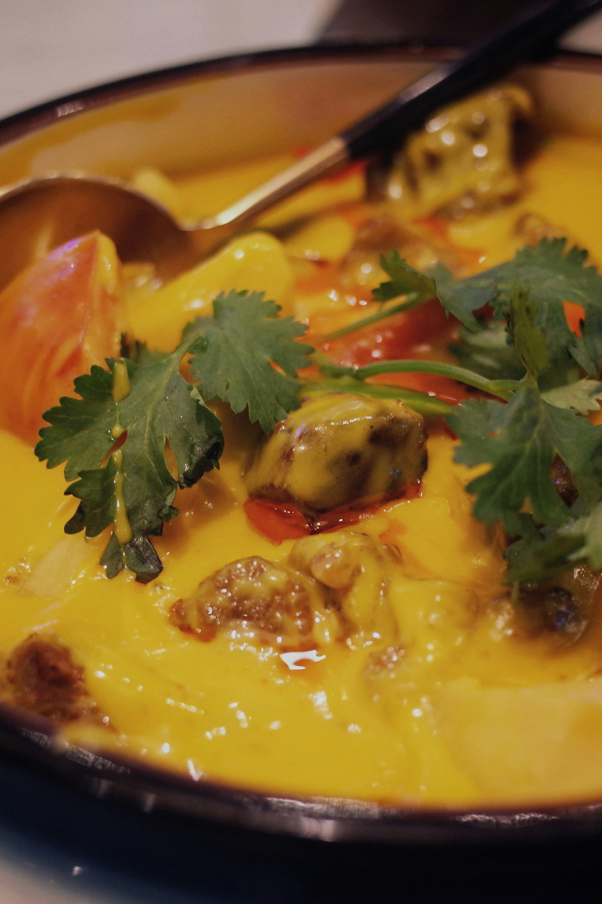 Cilantro Crowned Yellow Curry in a Skillet with Mushrooms