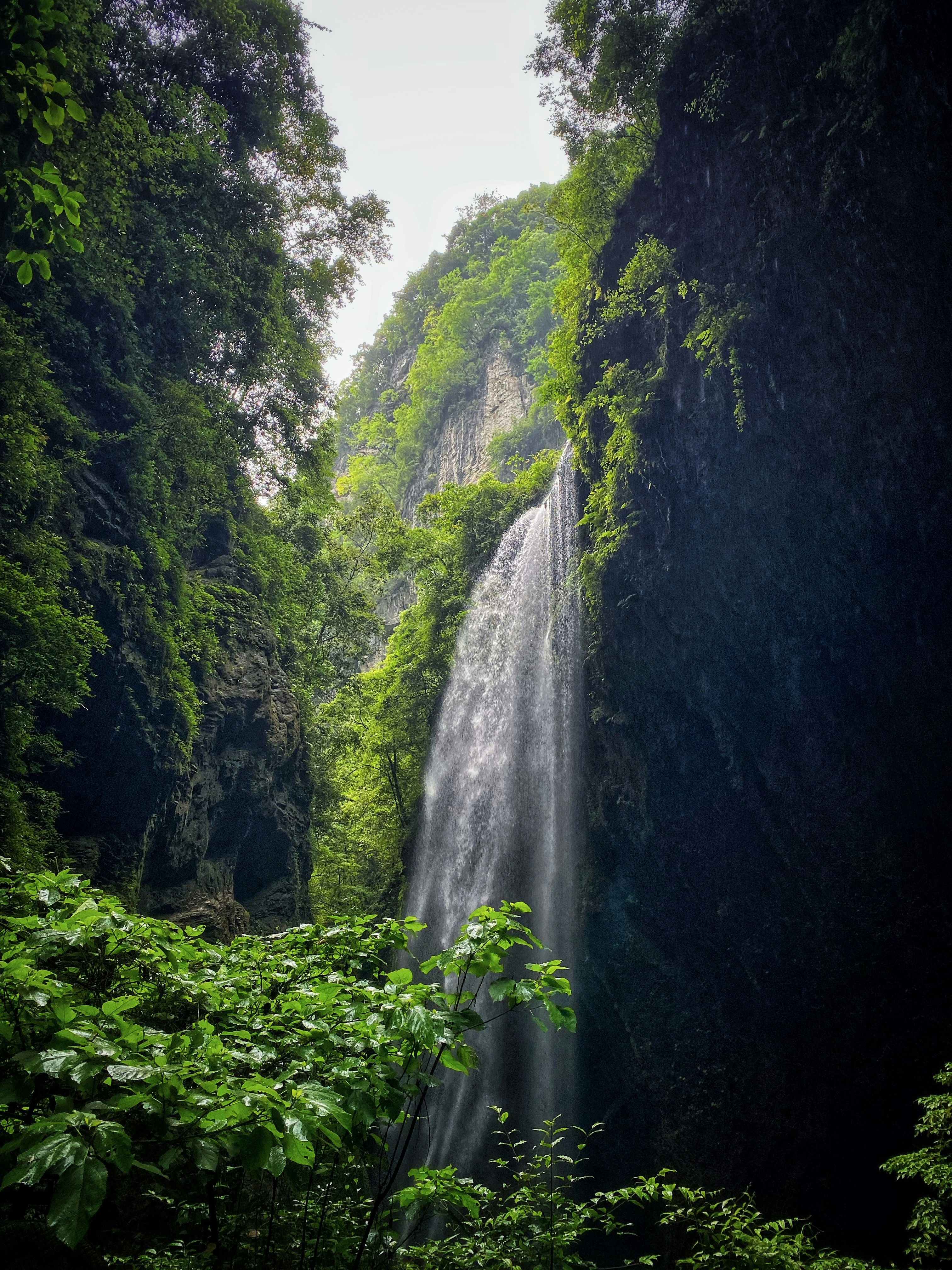 A majestic waterfall cascades down a rocky cliff, surrounded by lush greenery and towering cliffs. The tranquil scene evokes a sense of serenity.