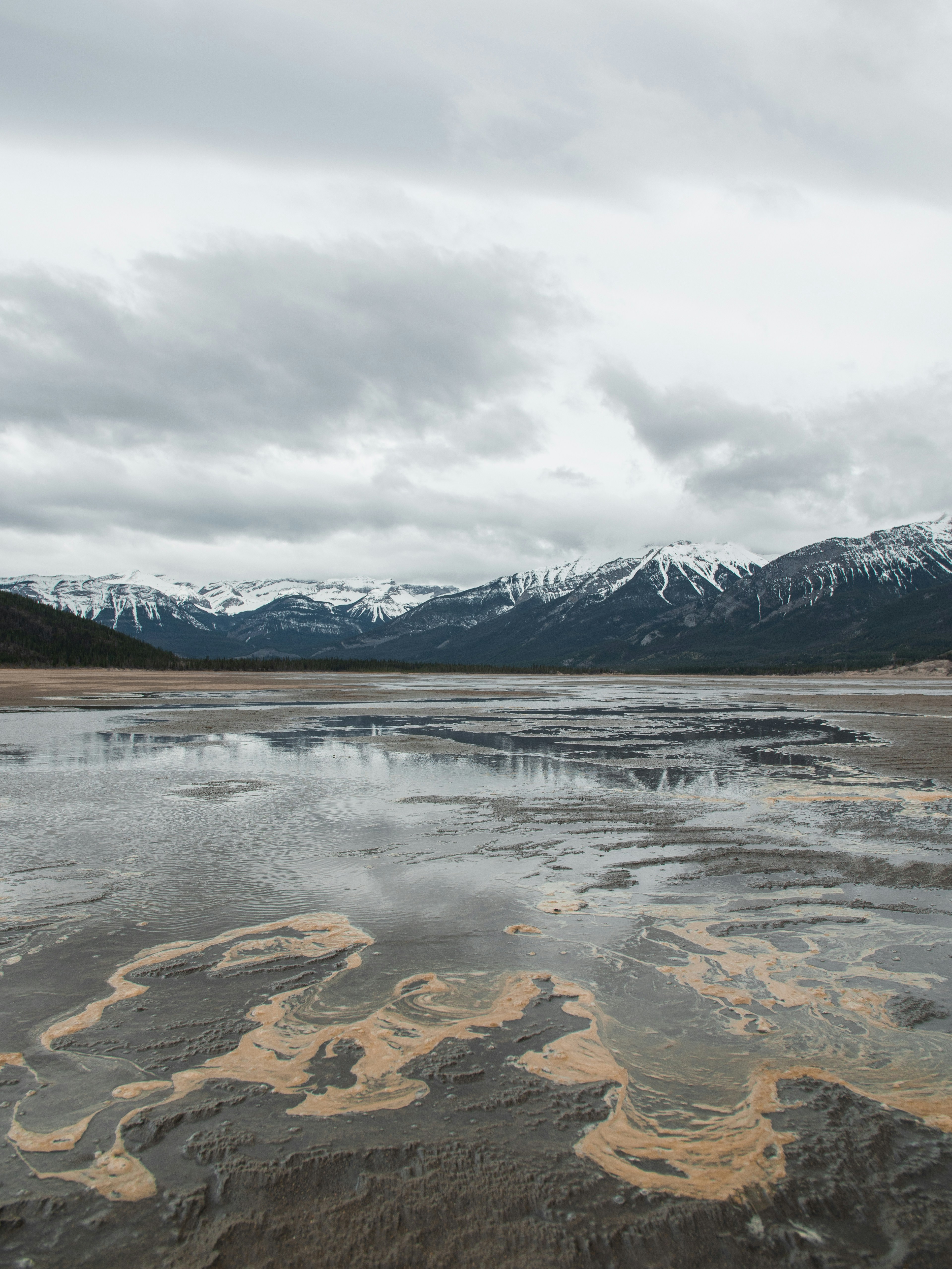 A serene landscape showcasing a reflective body of water with intricate patterns, framed by snow-capped mountains under a cloudy sky.