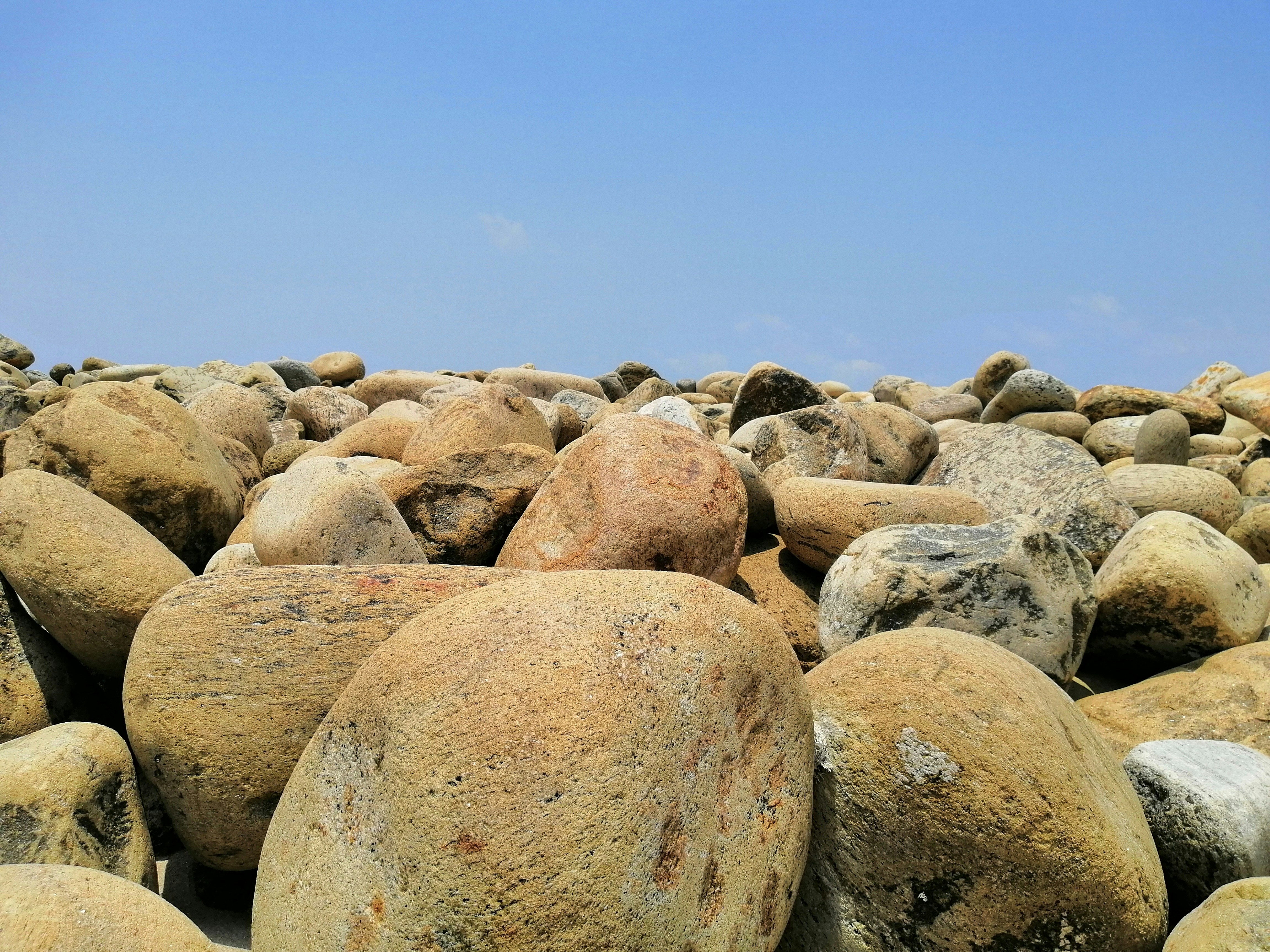 A diverse array of smooth stones scattered across a shoreline under a clear blue sky.