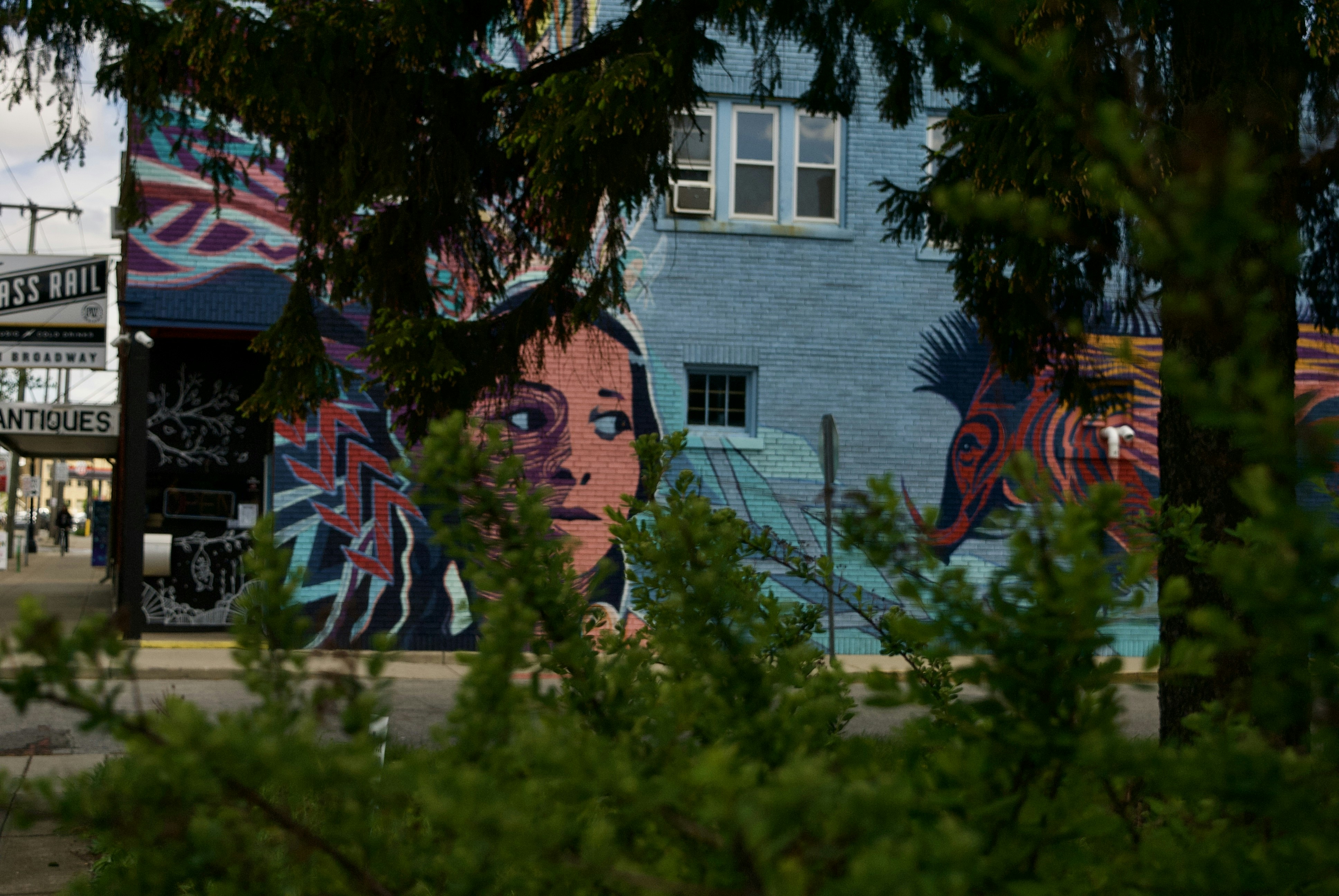 Vibrant mural depicting a face partially obscured by tree branches on an urban building wall.
