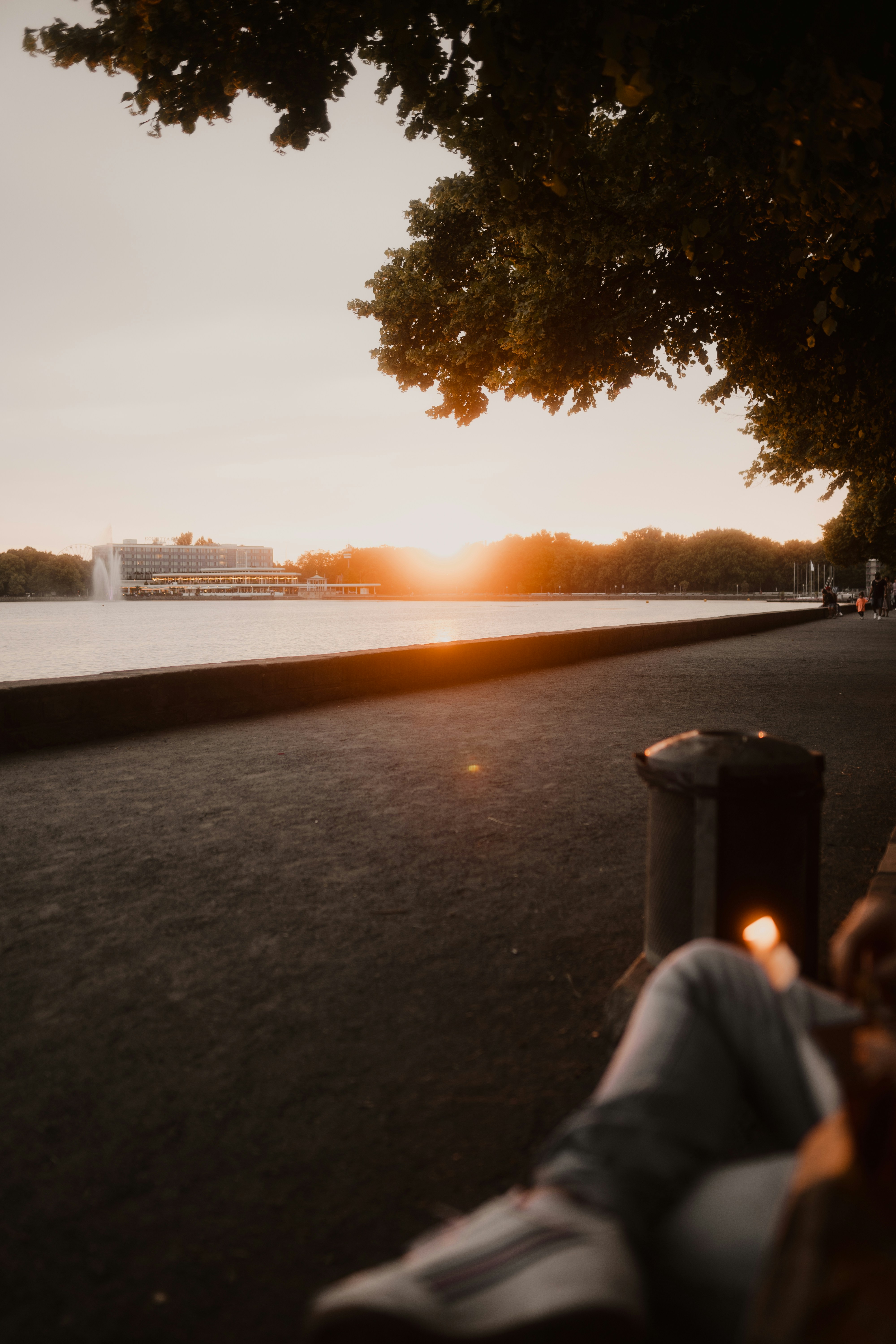 A serene lakeside scene at sunset, showcasing the gentle glow of the setting sun reflecting on the water, framed by lush trees and a peaceful walkway.