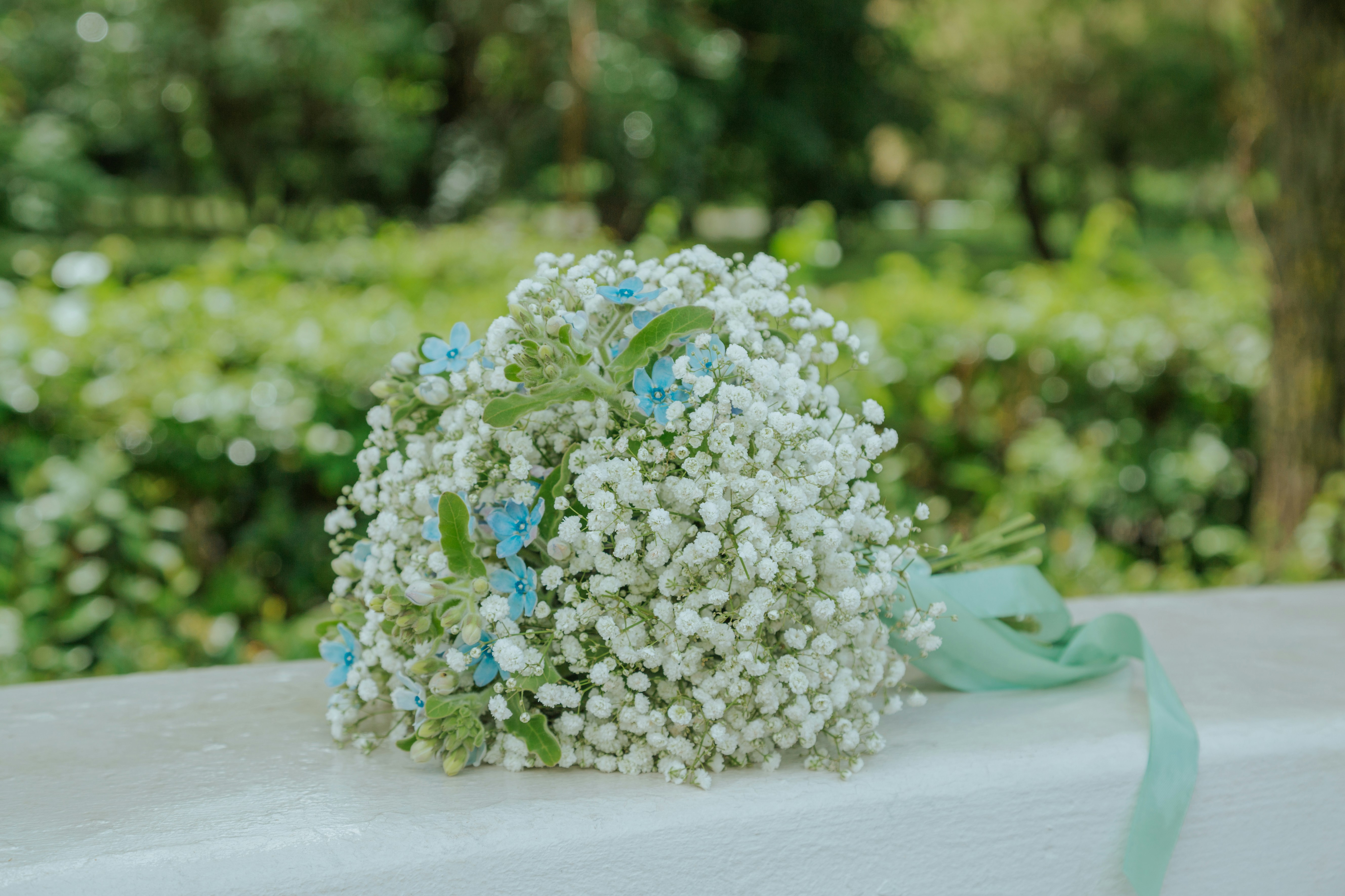 blue and white flowers on white table