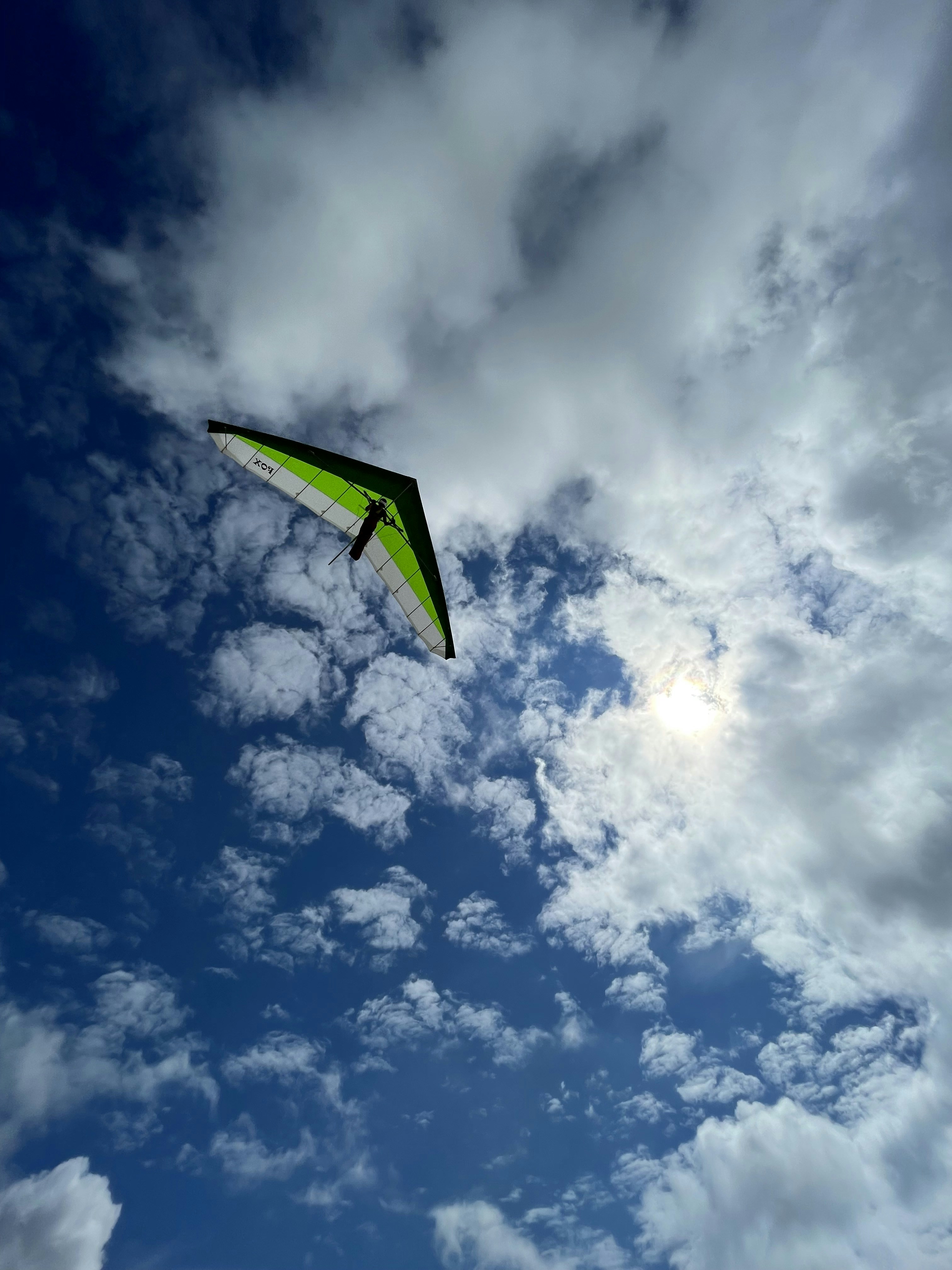 Aerial Prism: Green-Trim Hang Glider in a Cloud-Flecked Sky