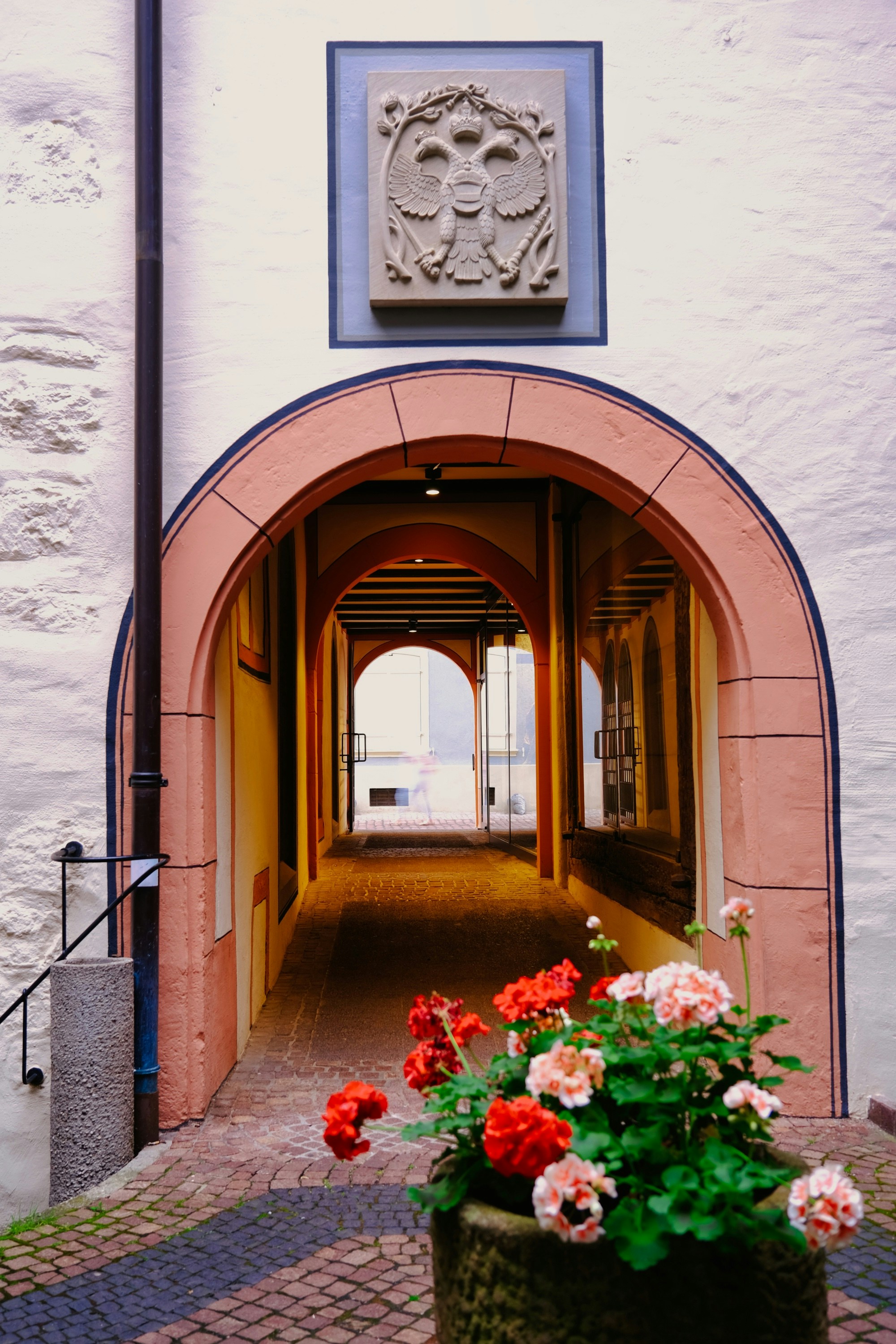 Pink Archway Corridor: Floral Foreground Framing the Light at the End