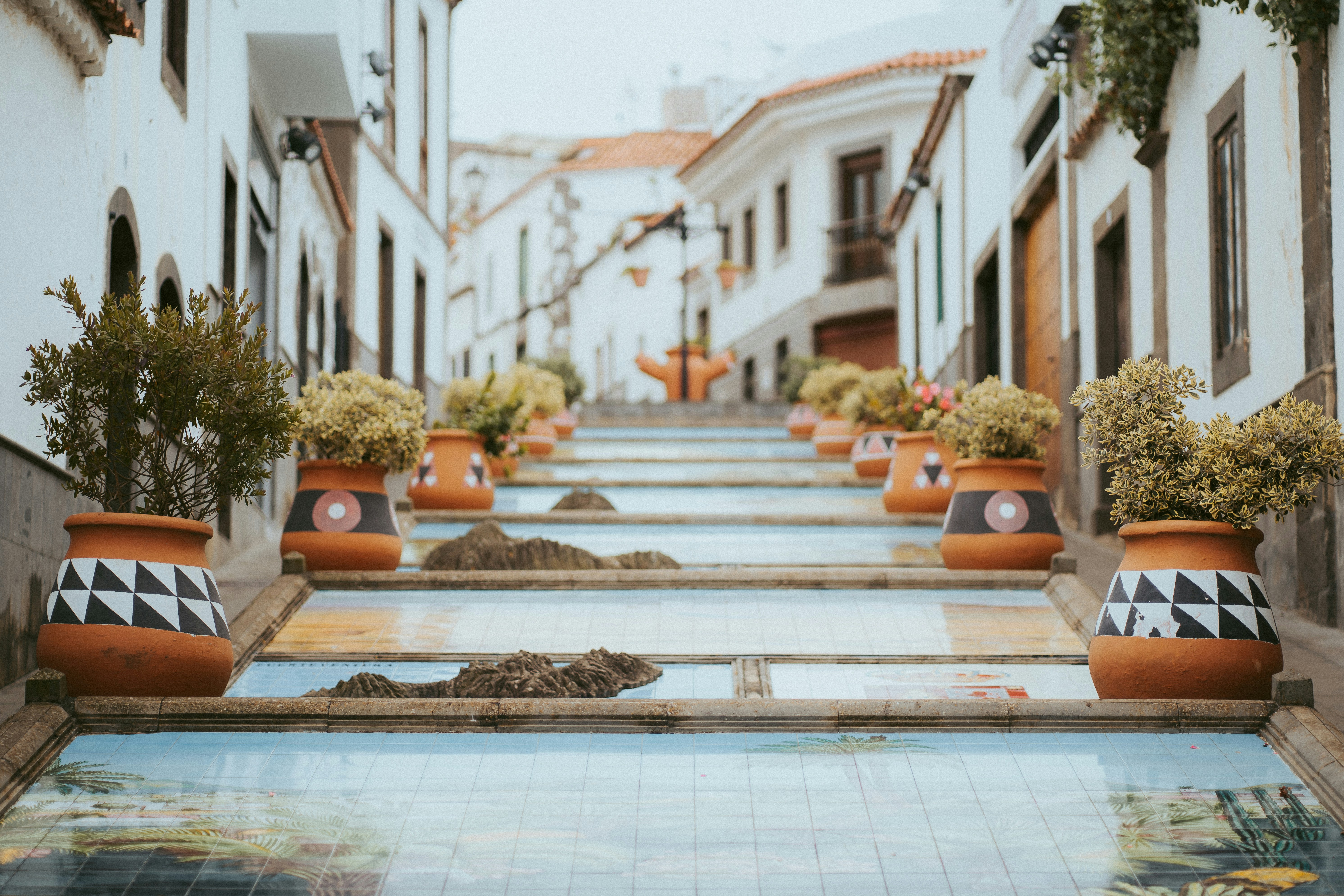 Terracotta Frieze: A Sunlit Staircase Framed by Planters