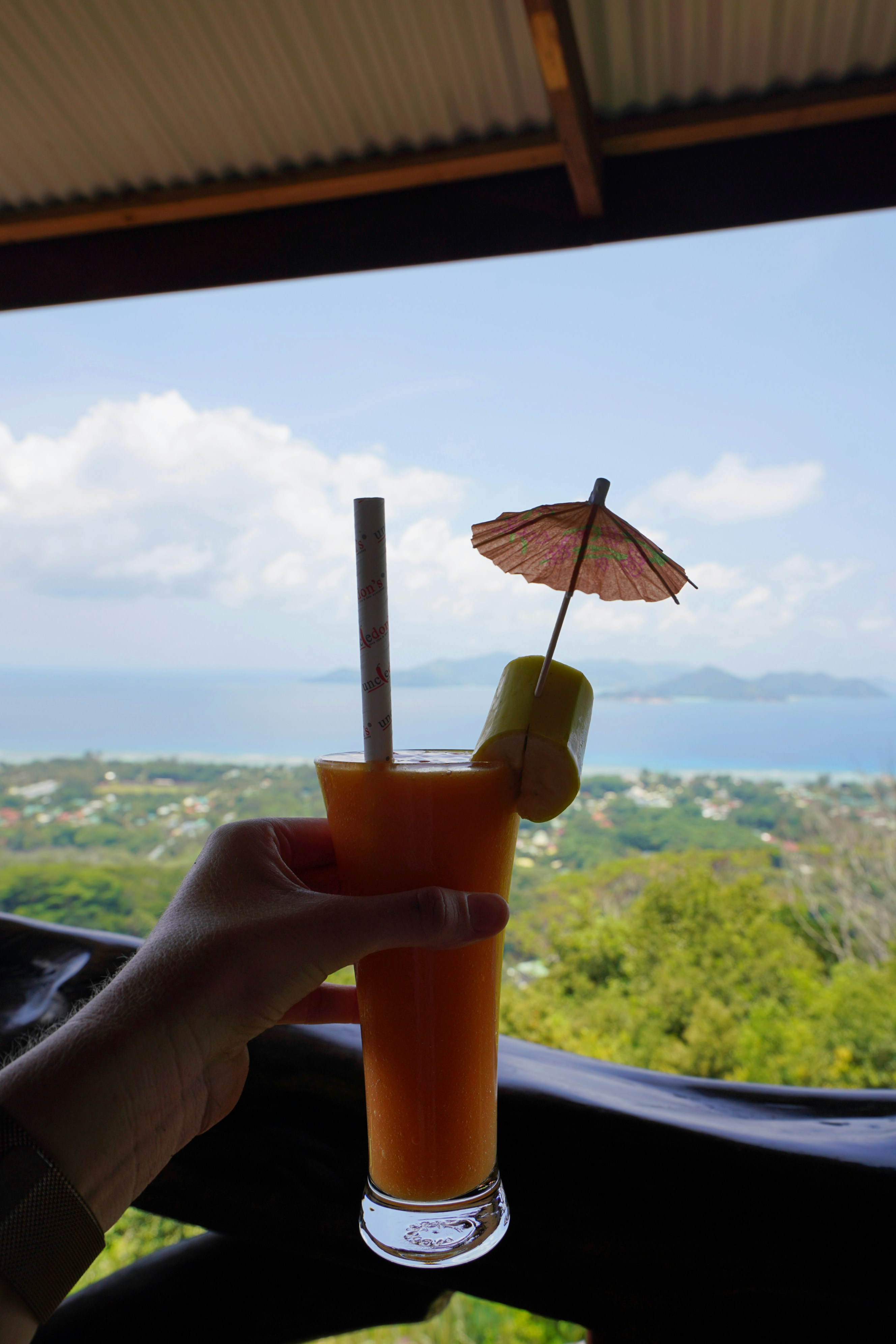 Sunset Sip: A Tropical Mocktail Framed by a Vast Ocean View
