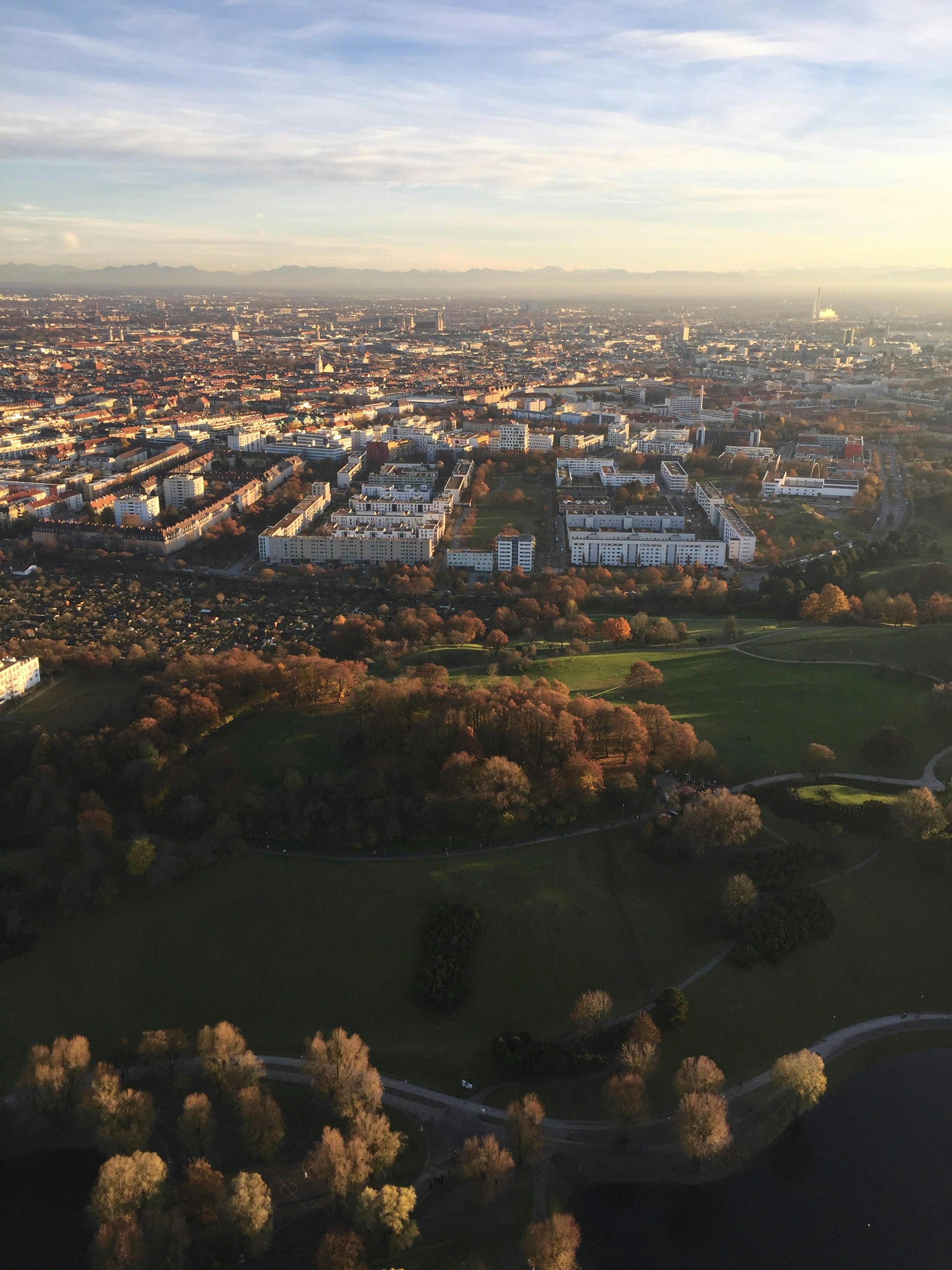 Sunlit Grid: Aerial Vista of City, Park, and Distant Horizon