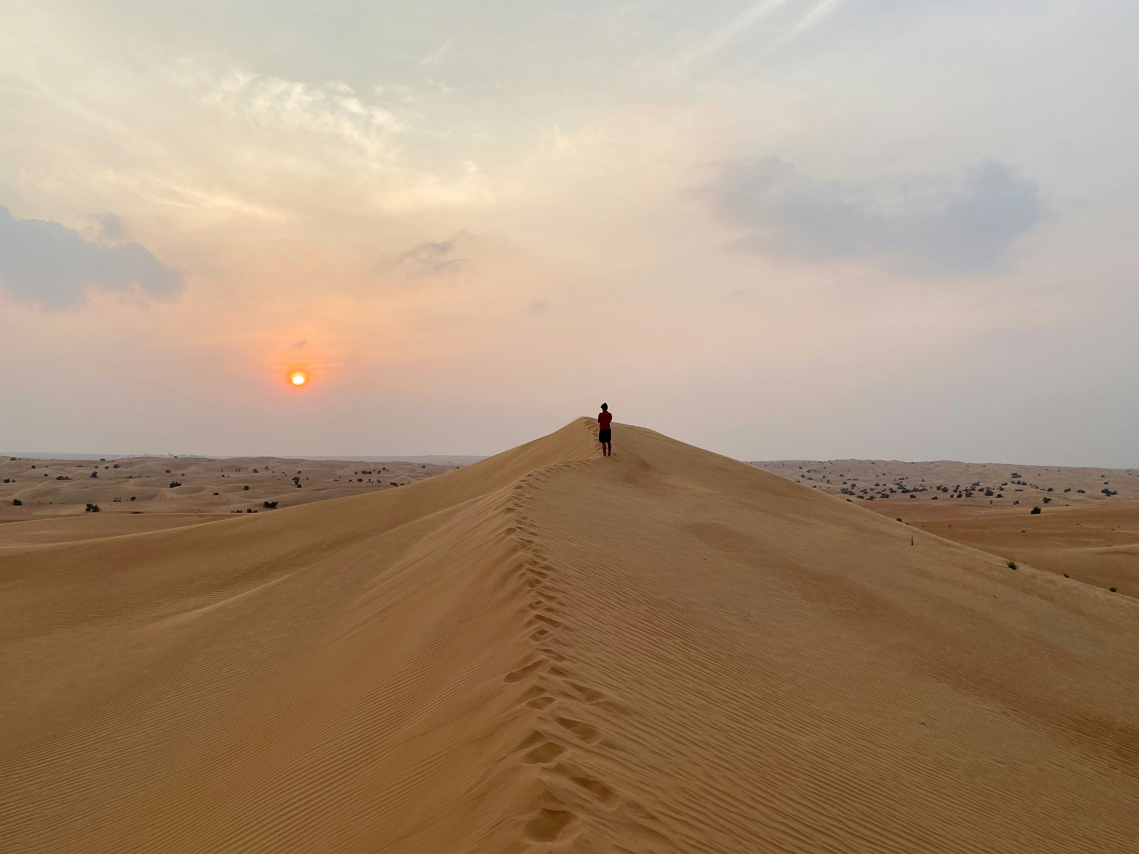 On the Crest at Sundown: A lone figure traverses a wind-sculpted desert ridge