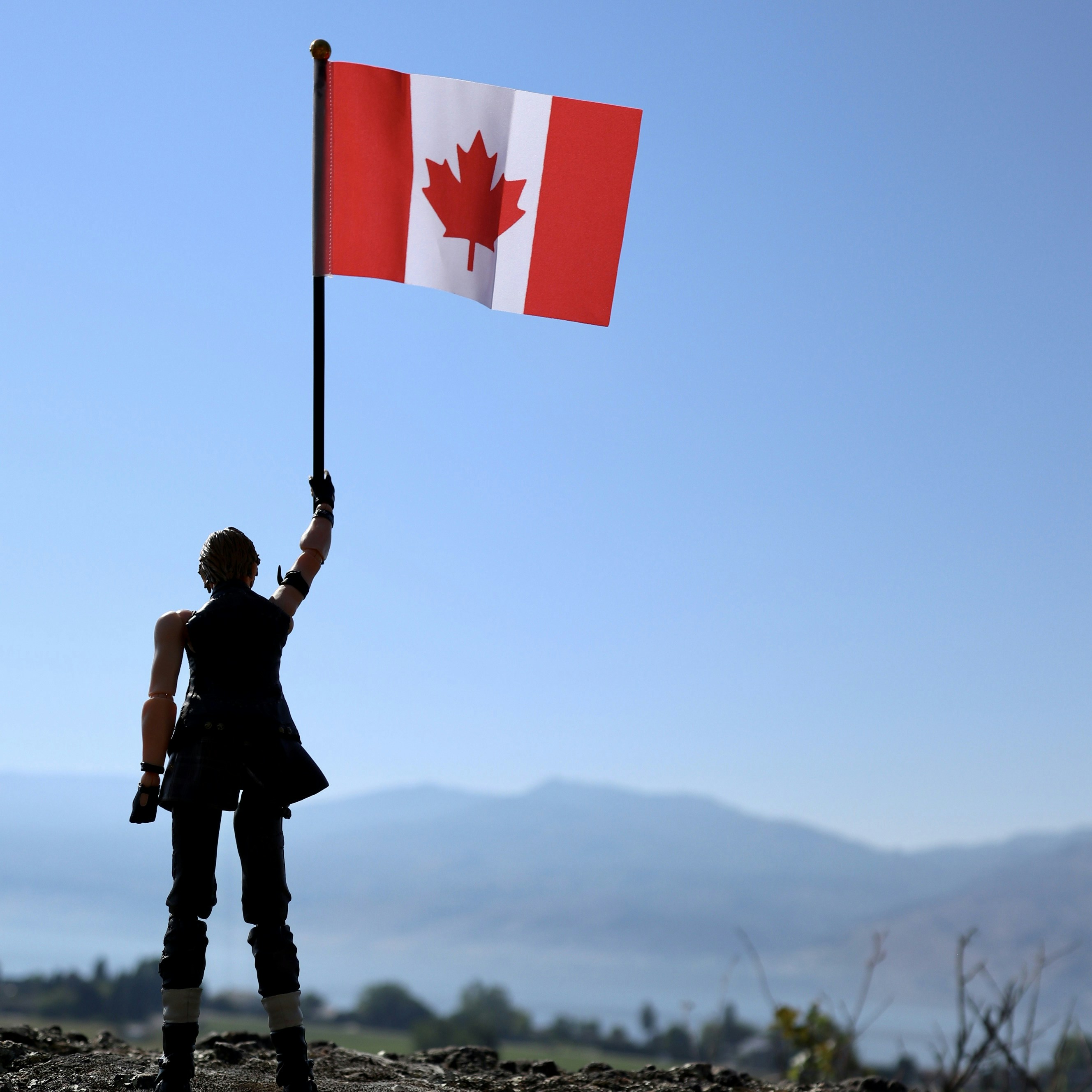 Hombre sosteniendo la bandera de nosotros a pie en la roca durante el ...
