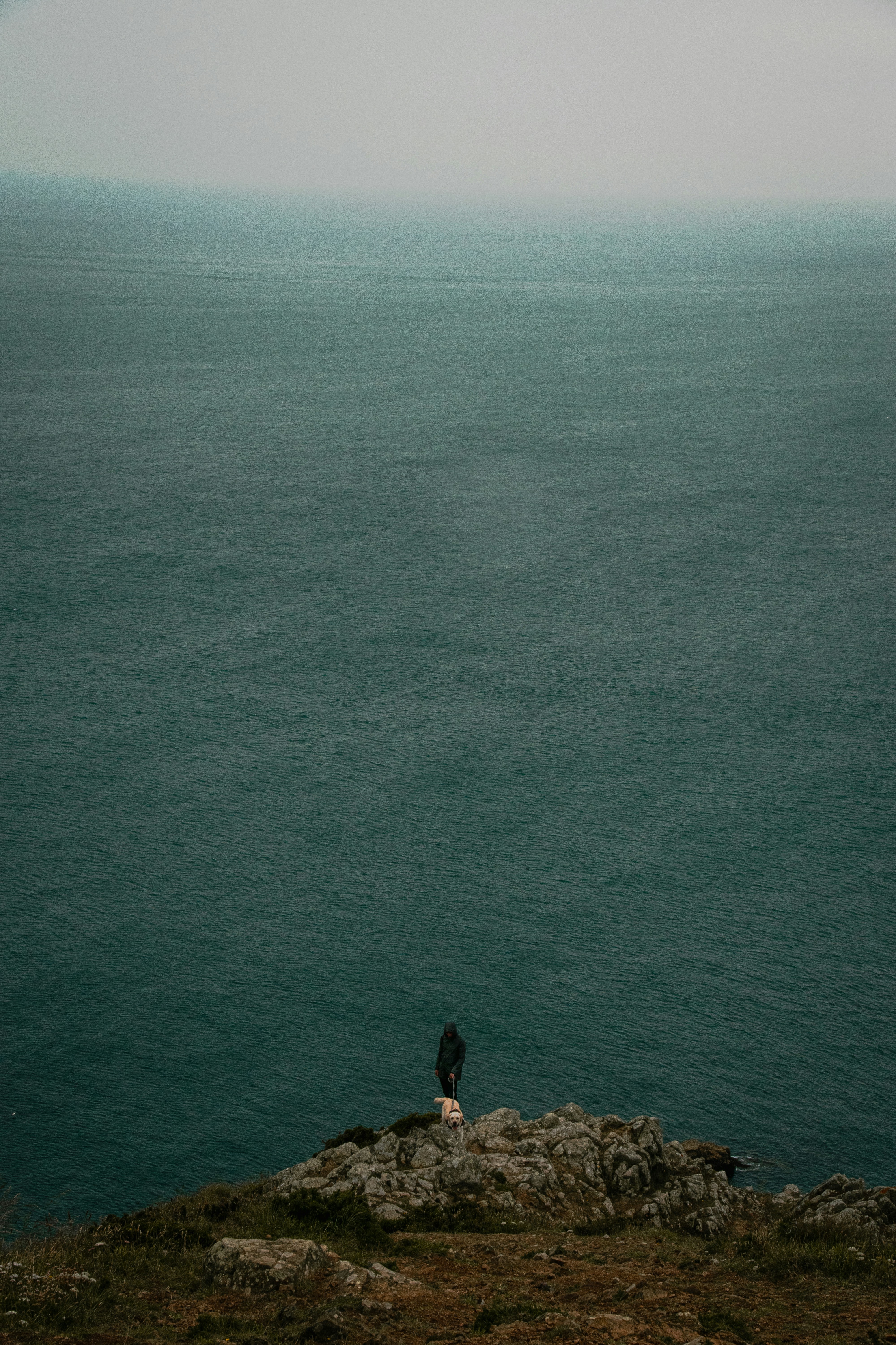 A lone figure stands on a rocky cliff overlooking a vast, tranquil sea under a cloudy sky.
