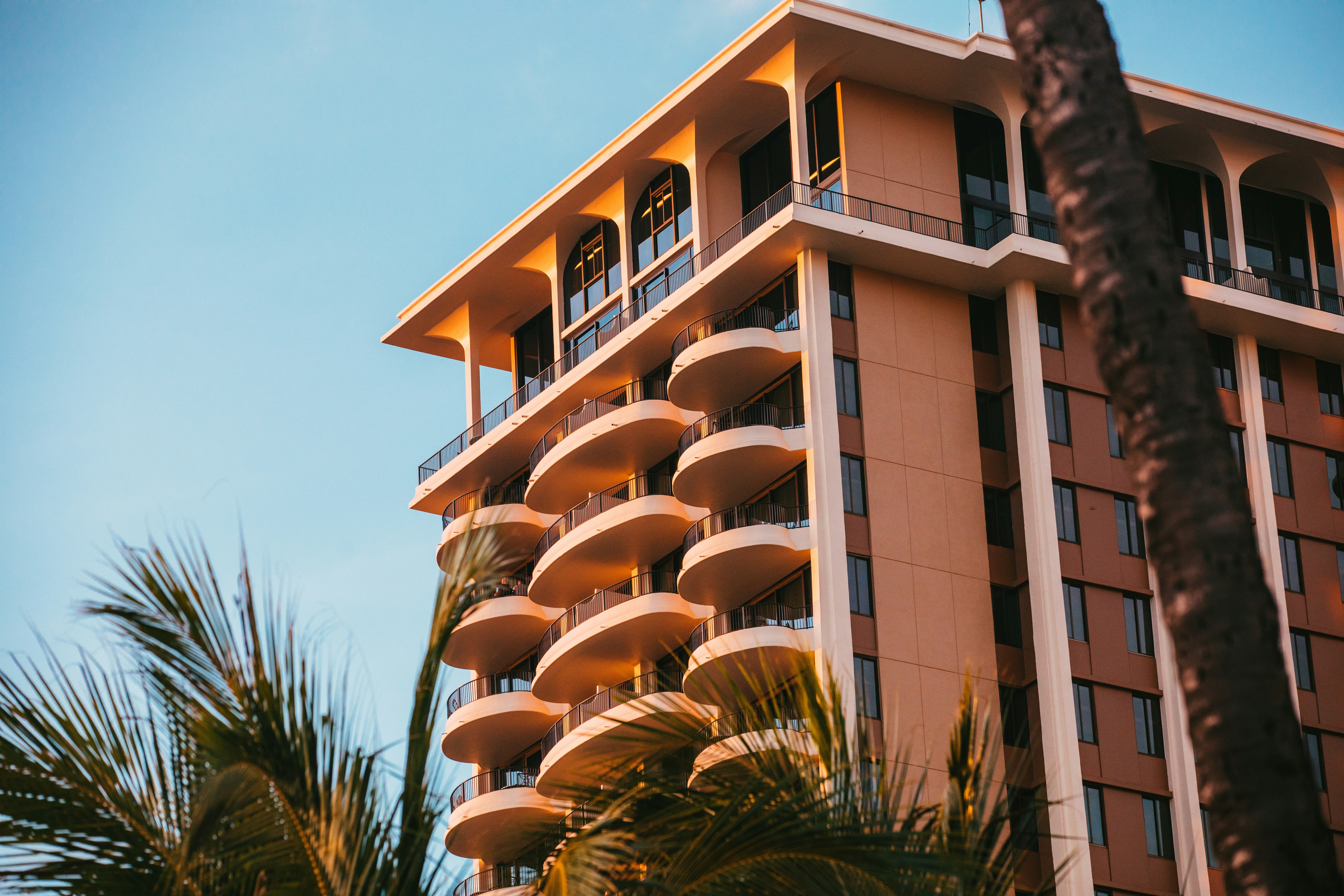 Modern hotel facade featuring curved balconies and large windows, framed by palm trees under a clear blue sky.