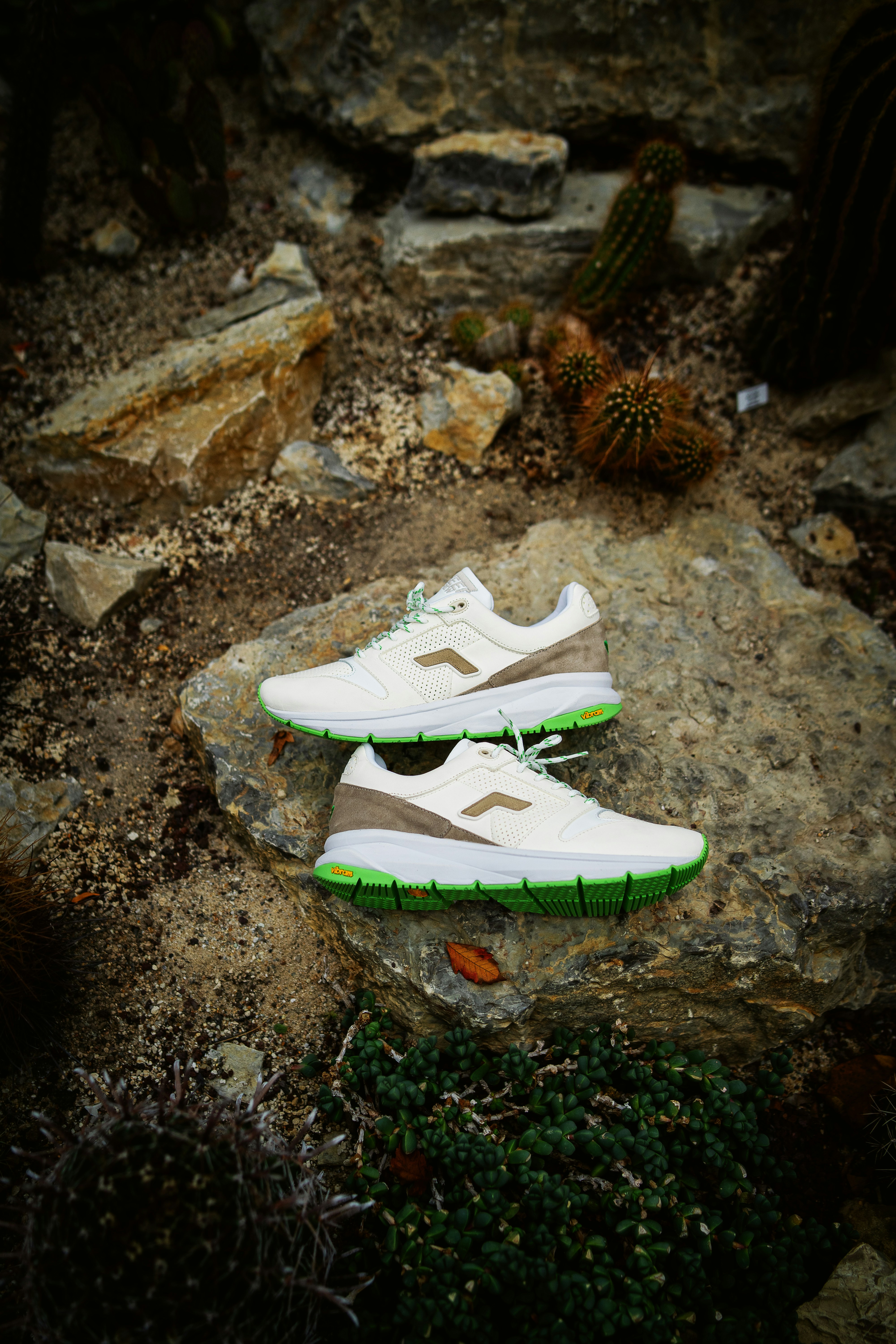Neon-Soled Steps: White Sneakers Grounded on Rugged Desert Rock