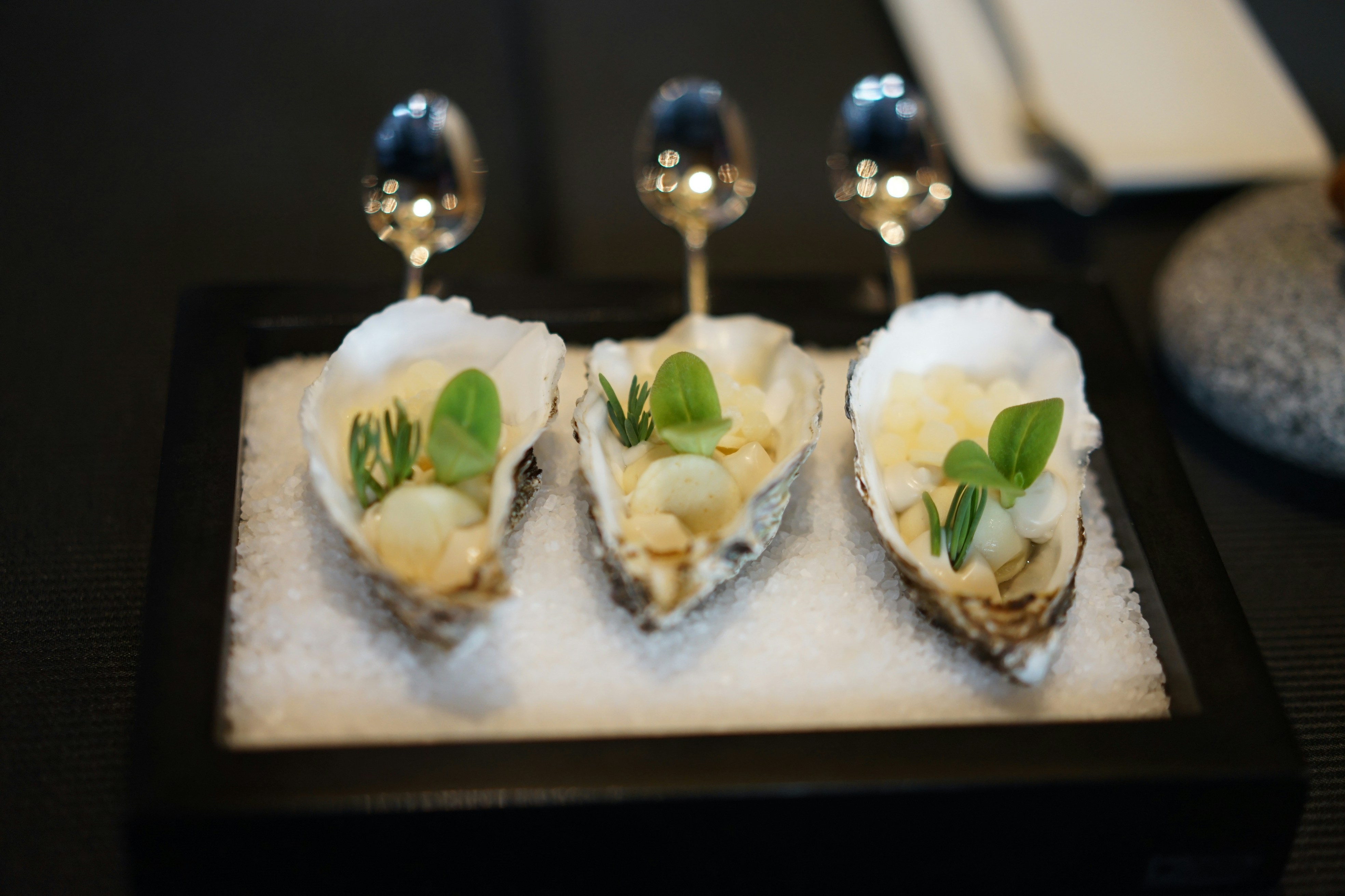 Triple Oyster Arrangement on Ice: Delicate Pearls of Sea on a Dark Tray