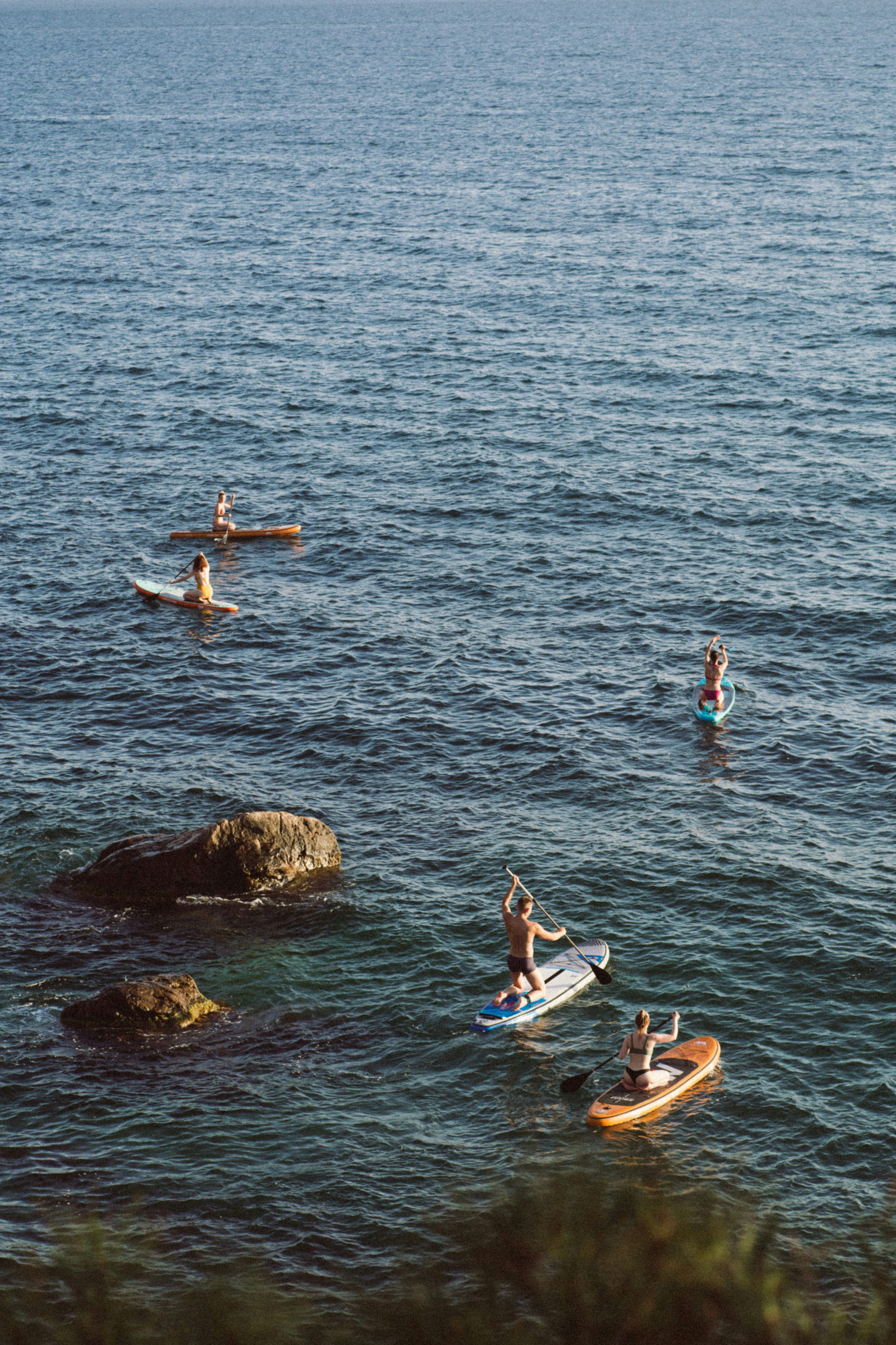 a group of people riding paddle boards on top of a body of water