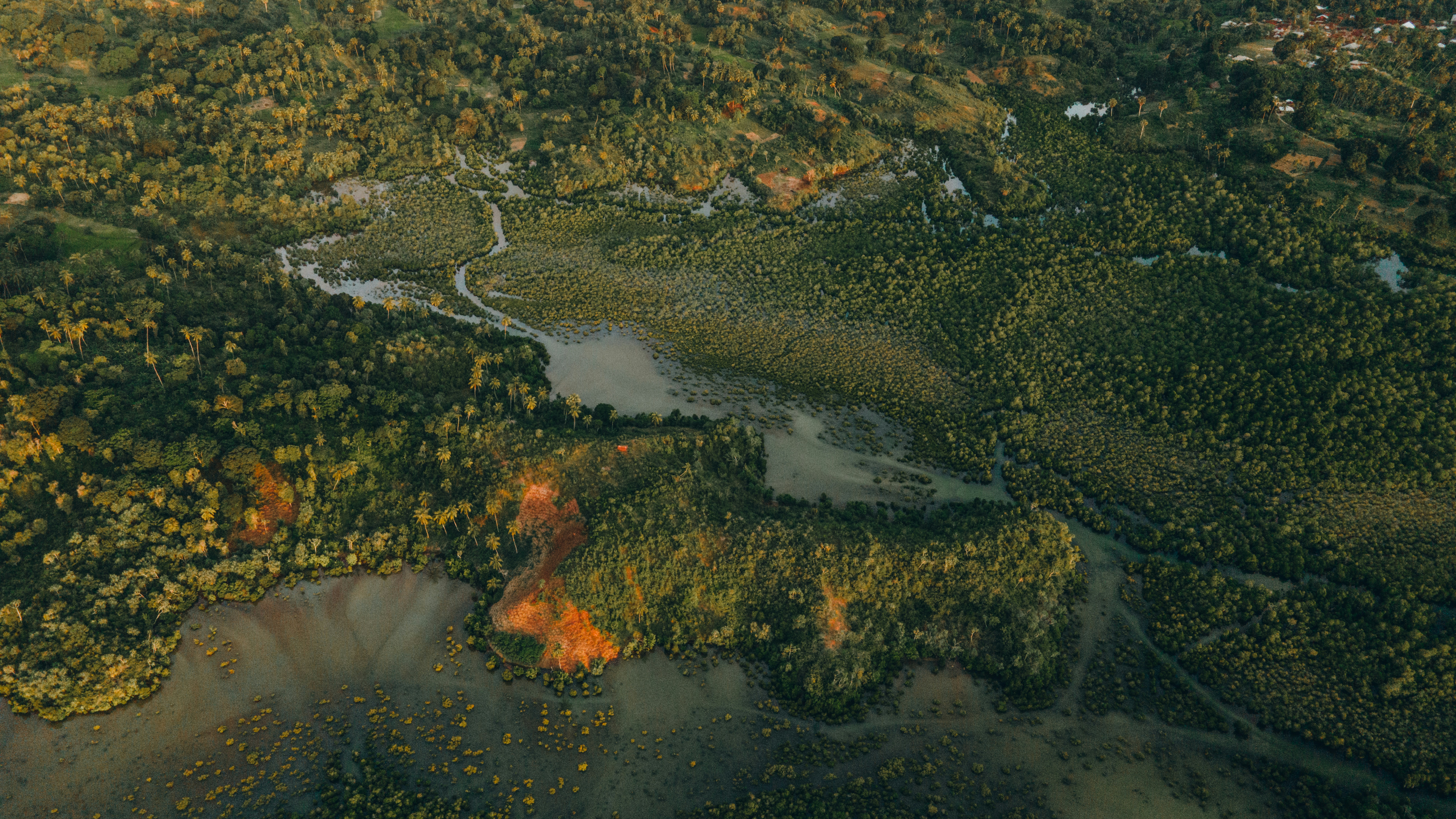 Aerial view showcasing vibrant greenery and coastal waters of Pemba Island at sunset.