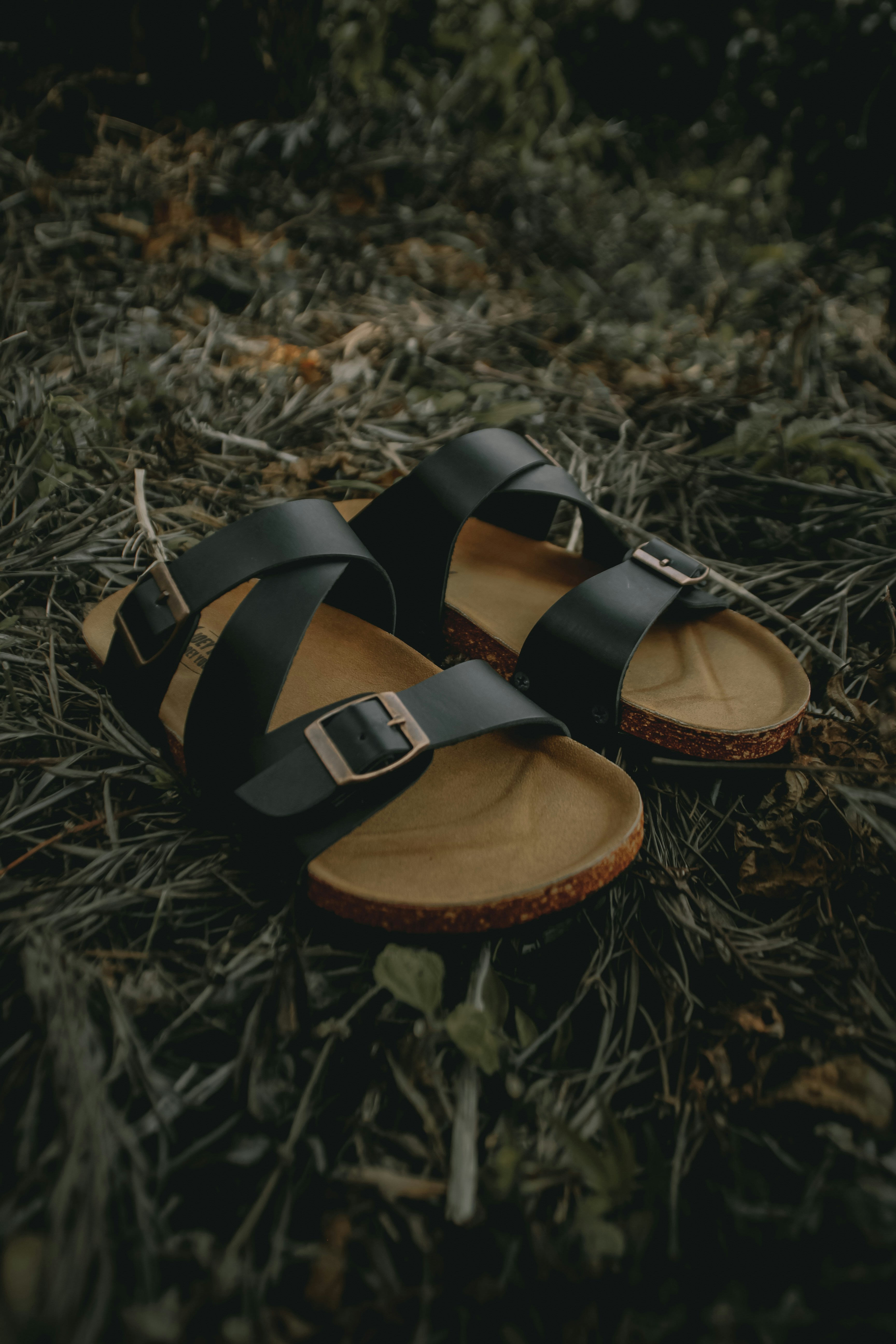 Black sandals resting on a bed of pine needles, blending seamlessly with the earthy surroundings.