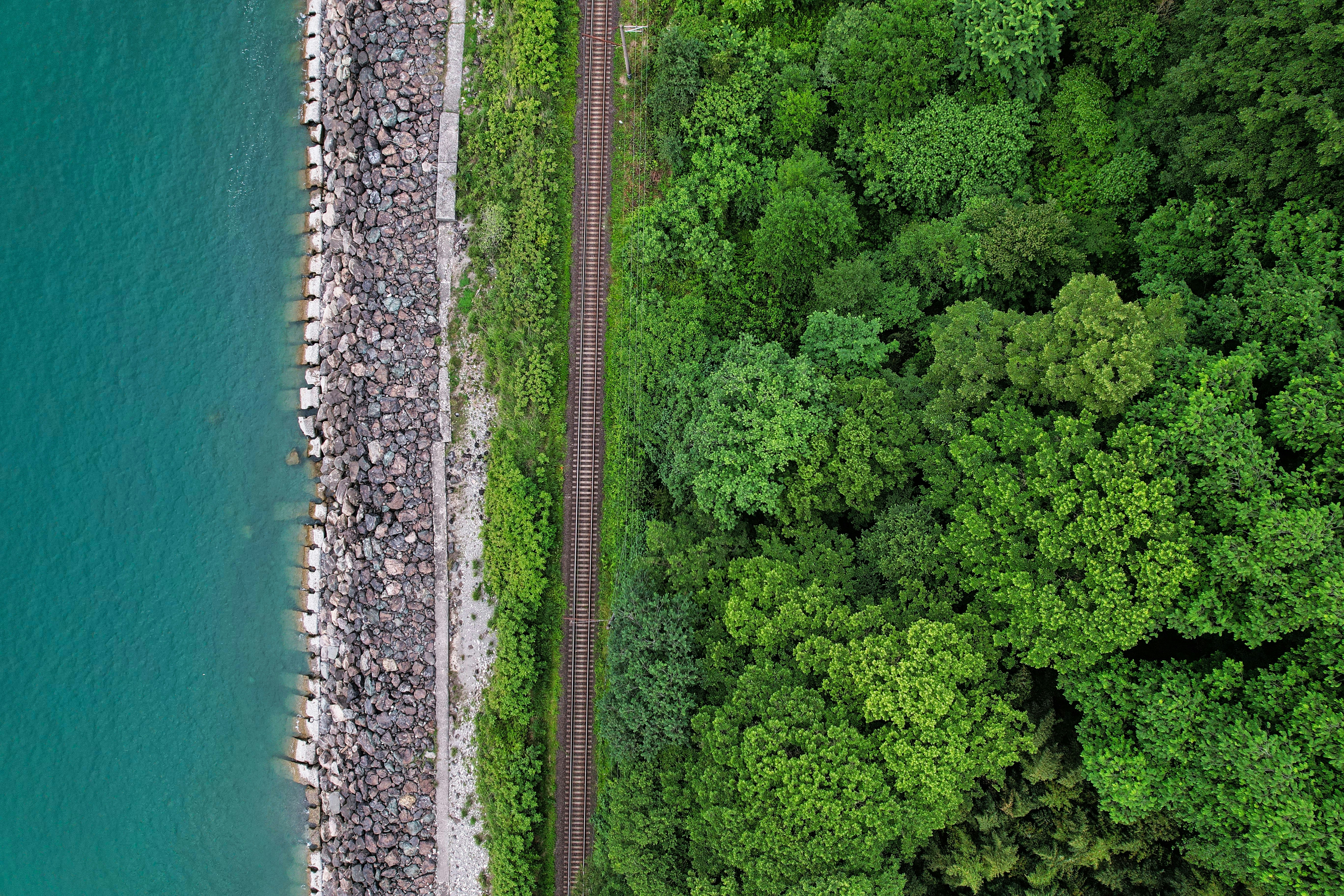 Railway Vein Between Turquoise Sea and Emerald Forest