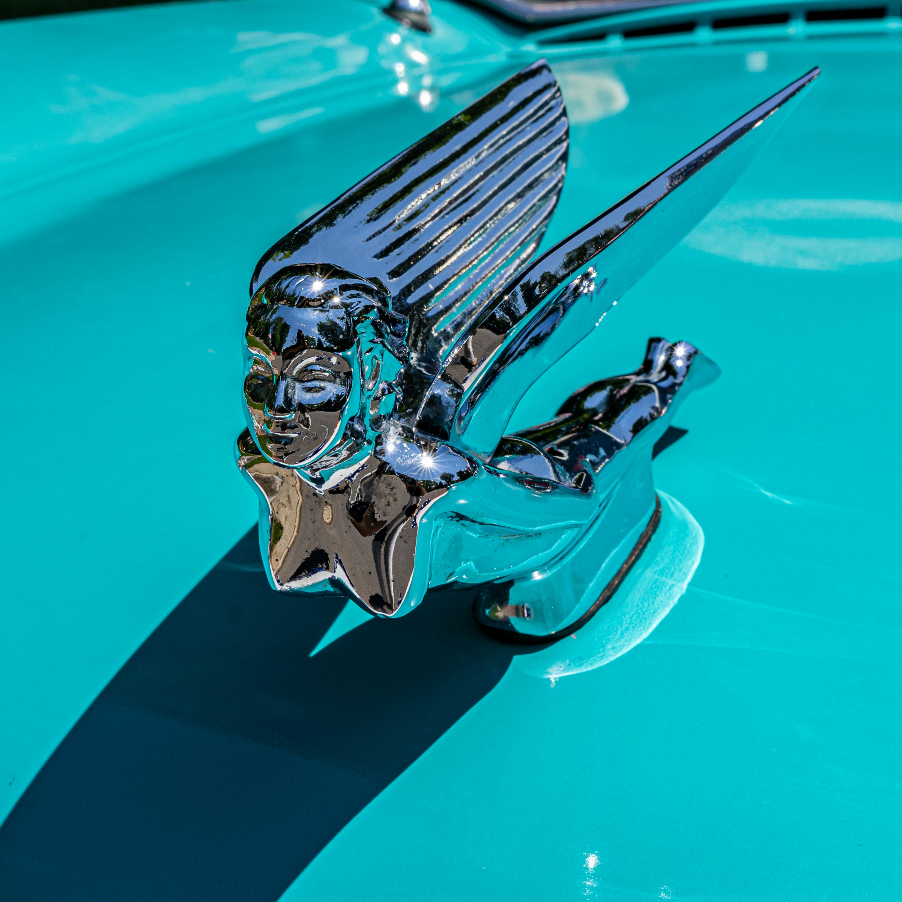 Winged chrome hood emblem gliding over a teal vintage hood