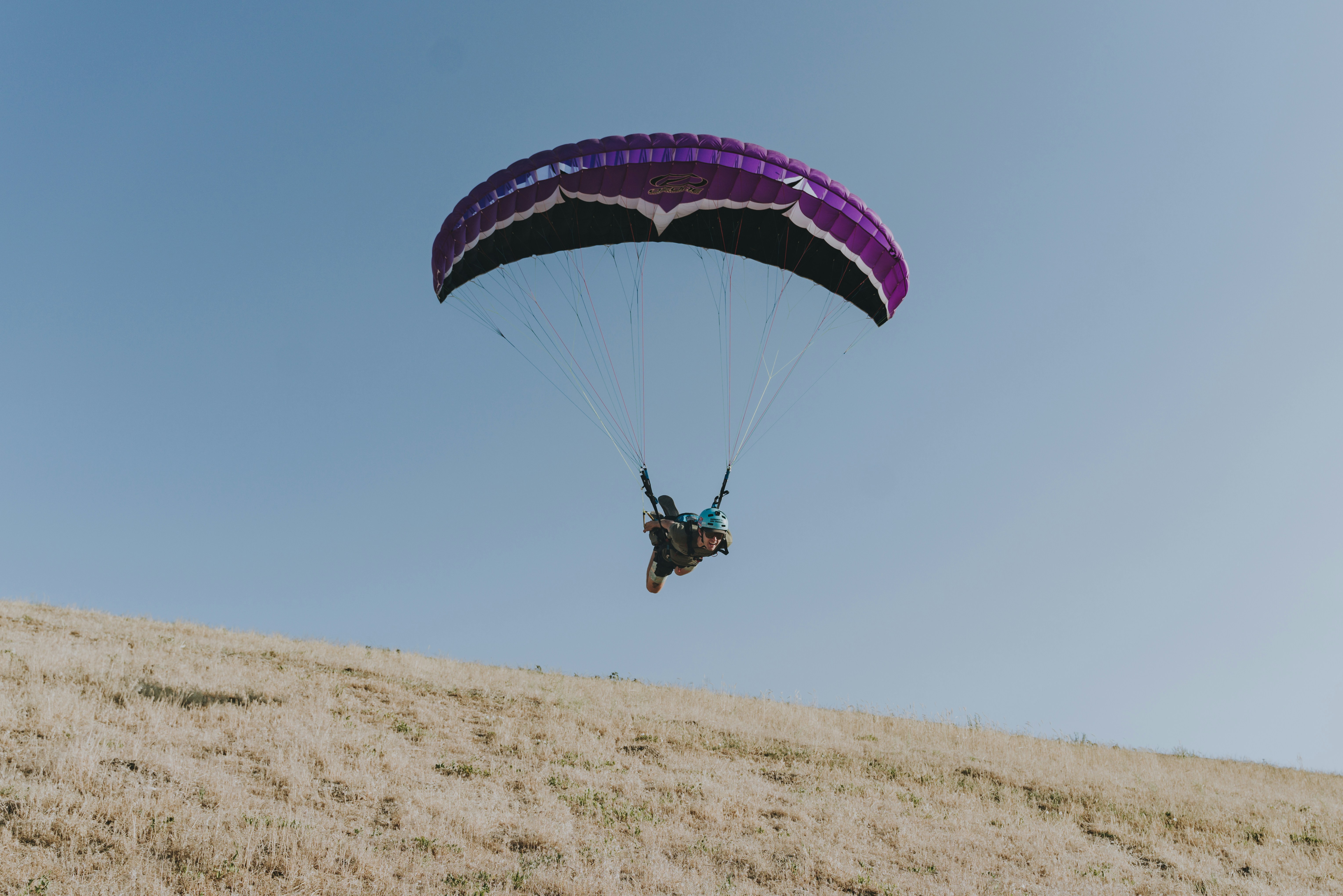 Purple Paraglider Above the Golden Dune: A Moment of Flight