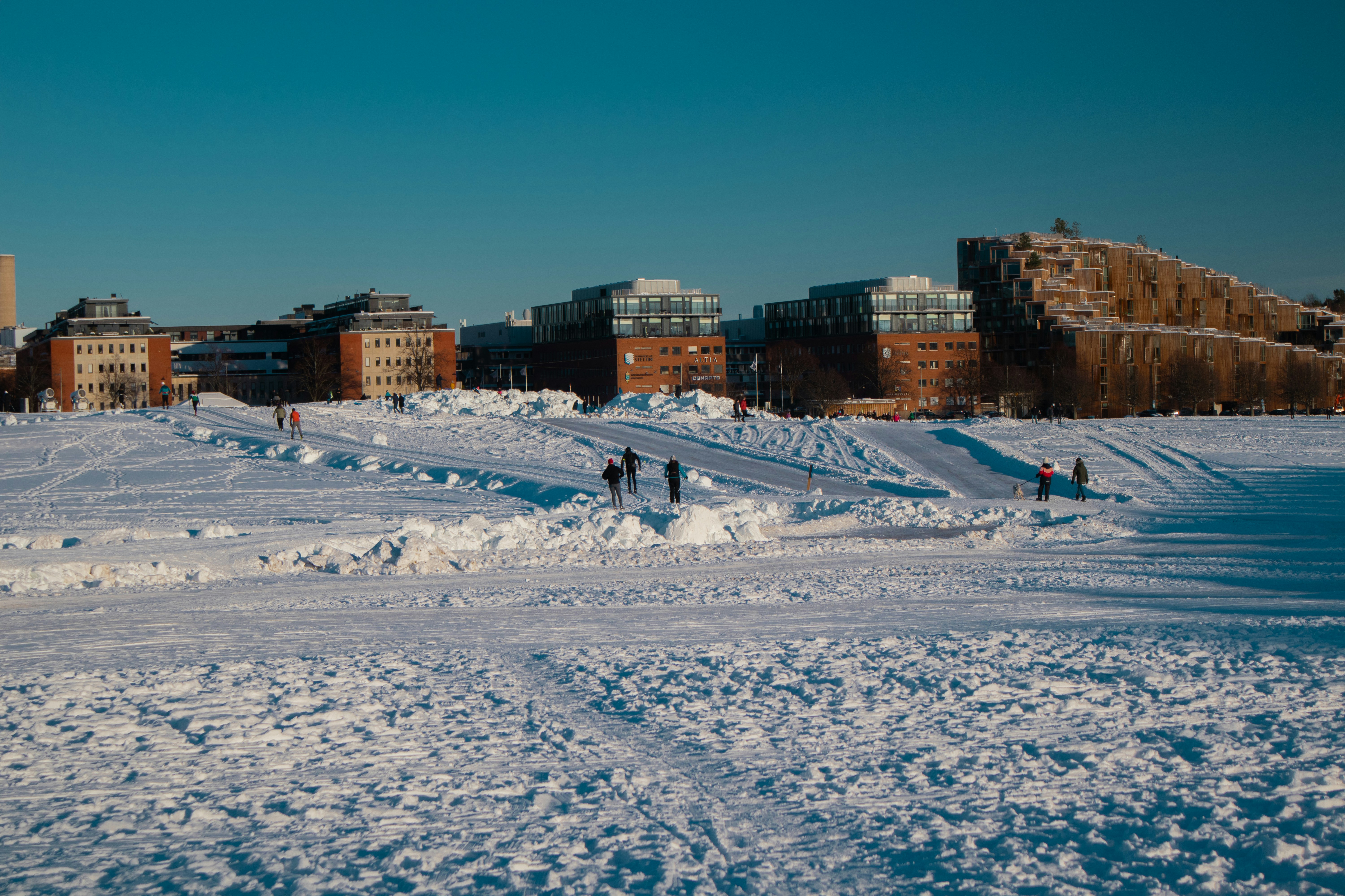 Snowfield Convergence: Skier Trek Under a Brick Skyline
