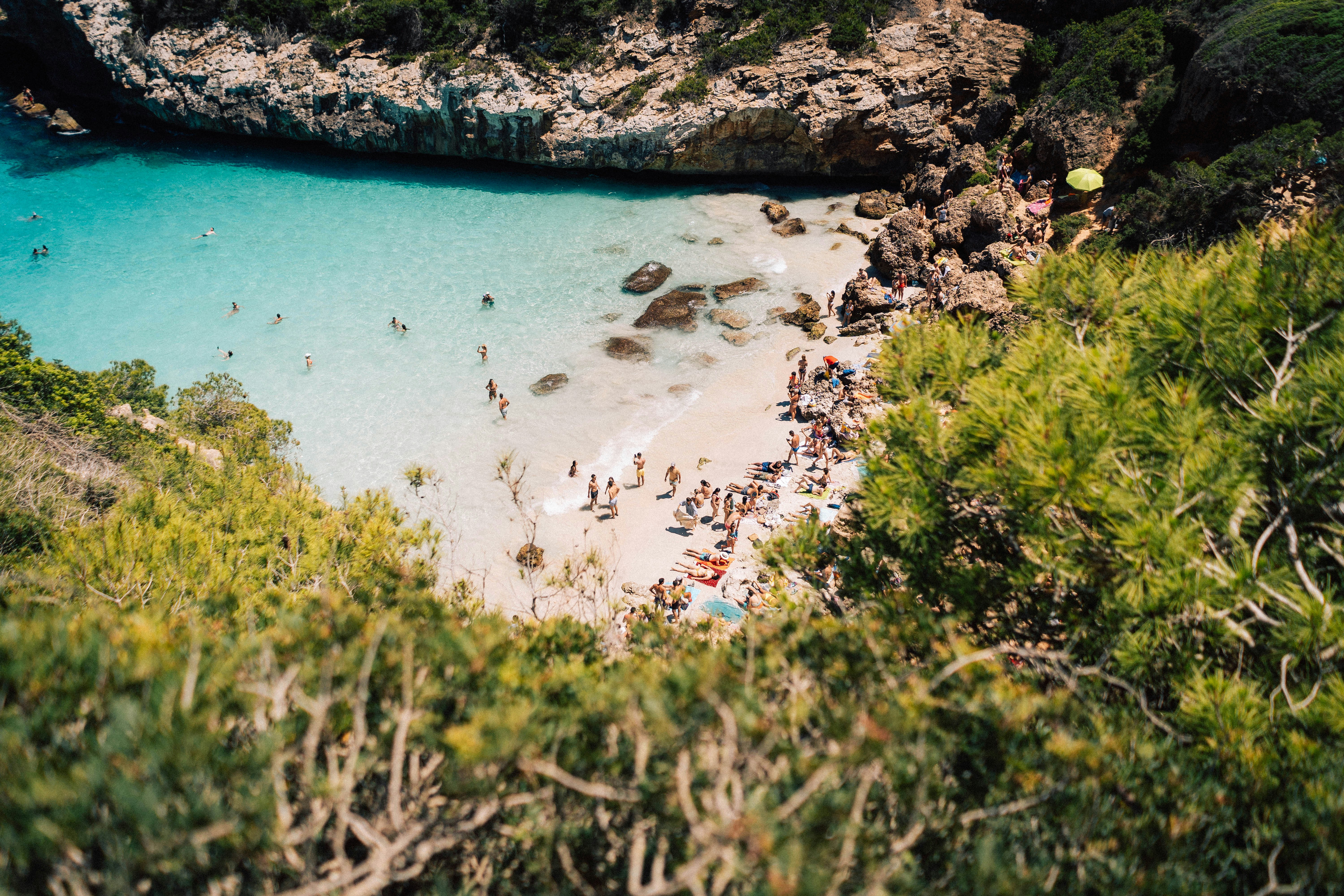 Turquoise waters and sunbathers on a secluded beach surrounded by lush greenery.