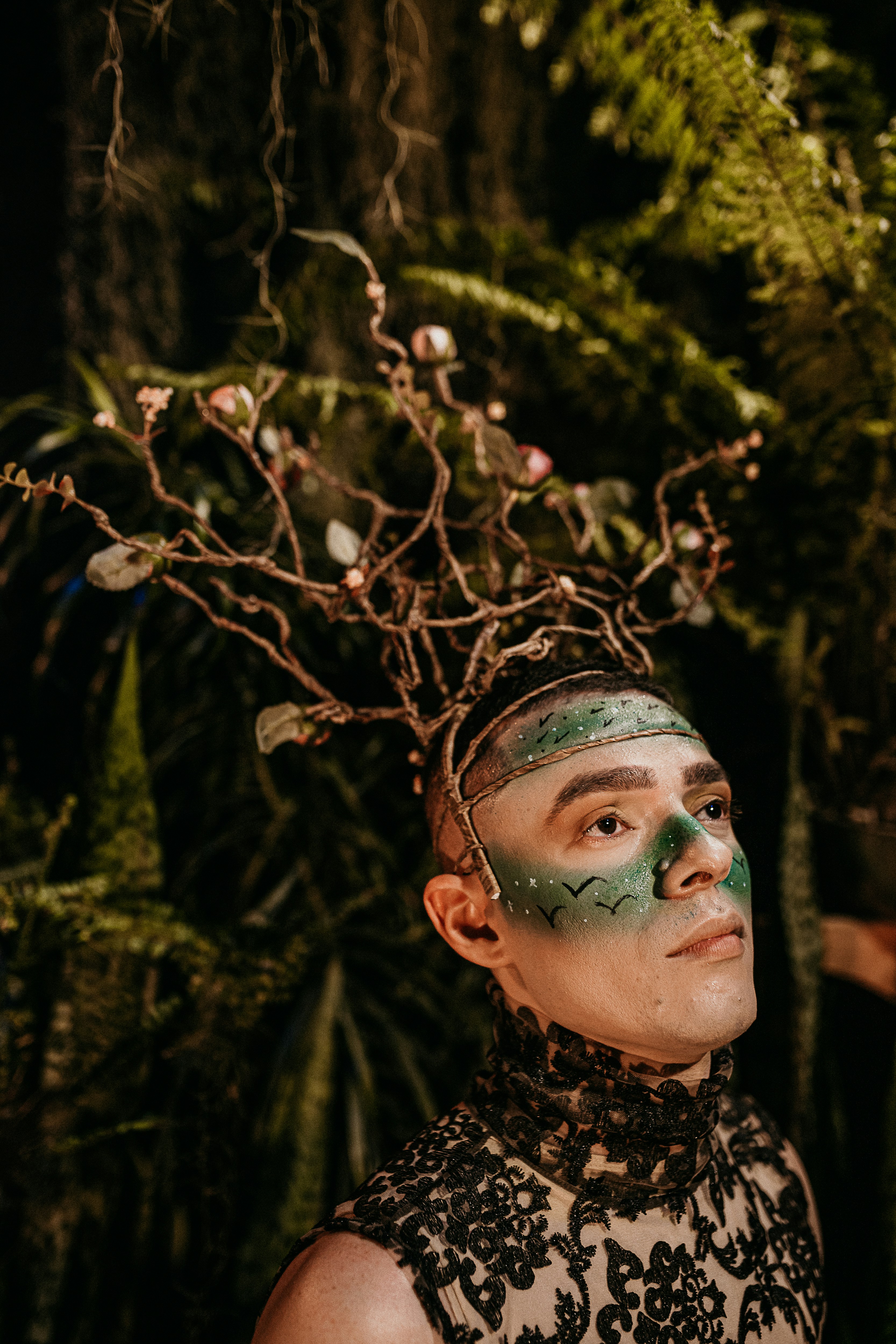 Forest Crown: A Portrait in Bloom and Masked Mystery