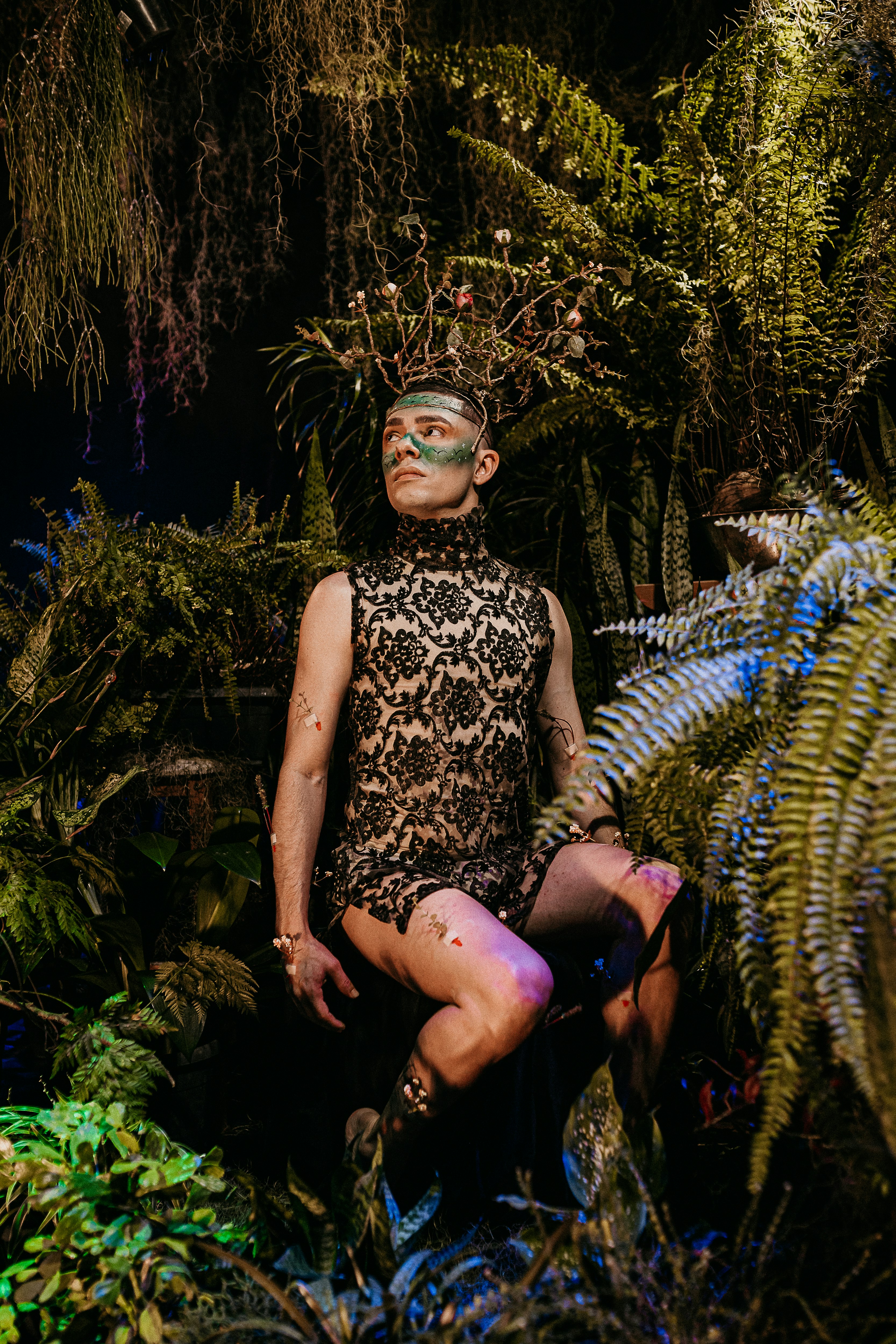 Verdant Crown: A Portrait in Lace Amid Night Forest