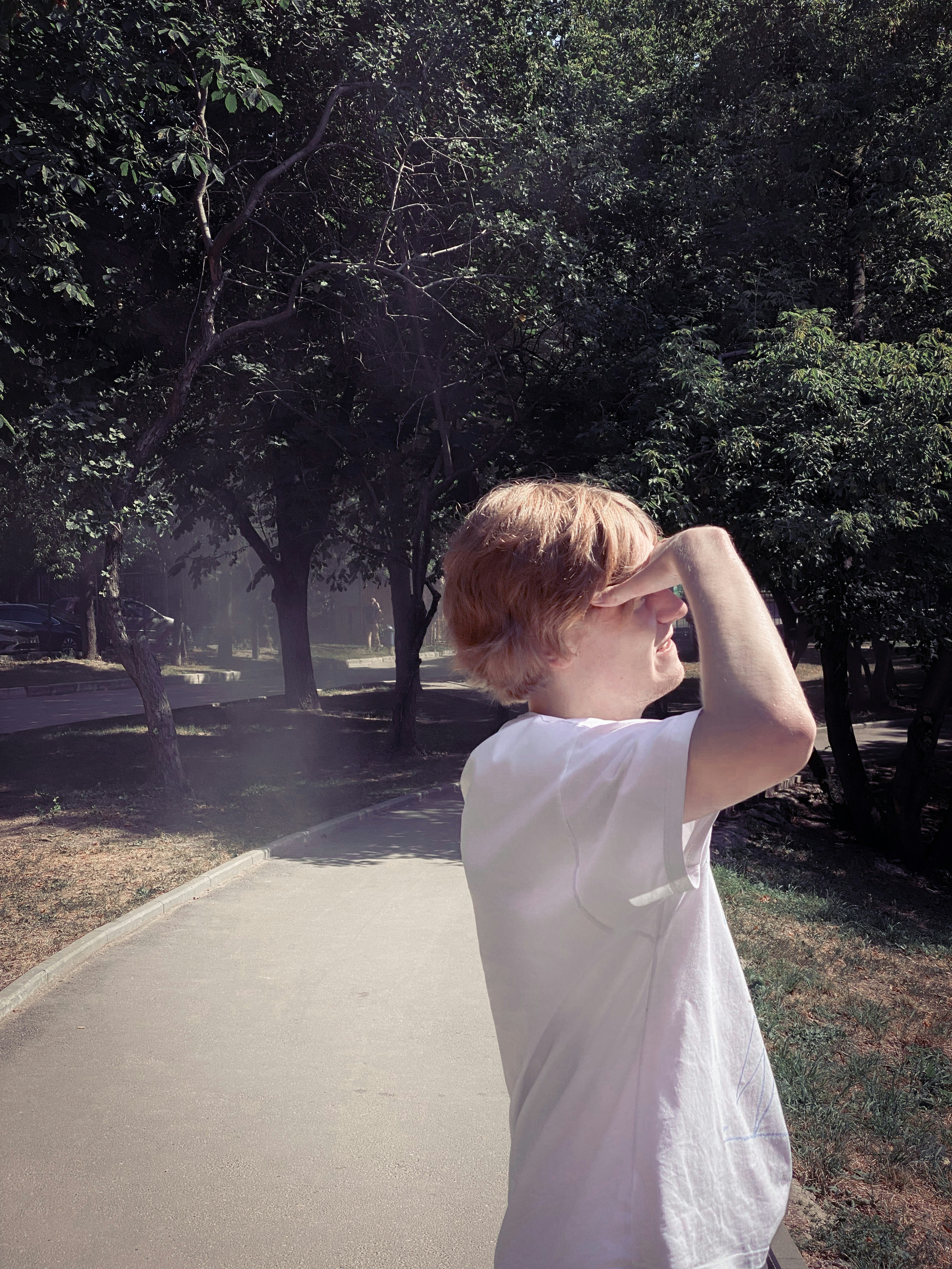 Sunlit Confidant: A Youth Shields His Eyes Against the Park’s Quiet Noon