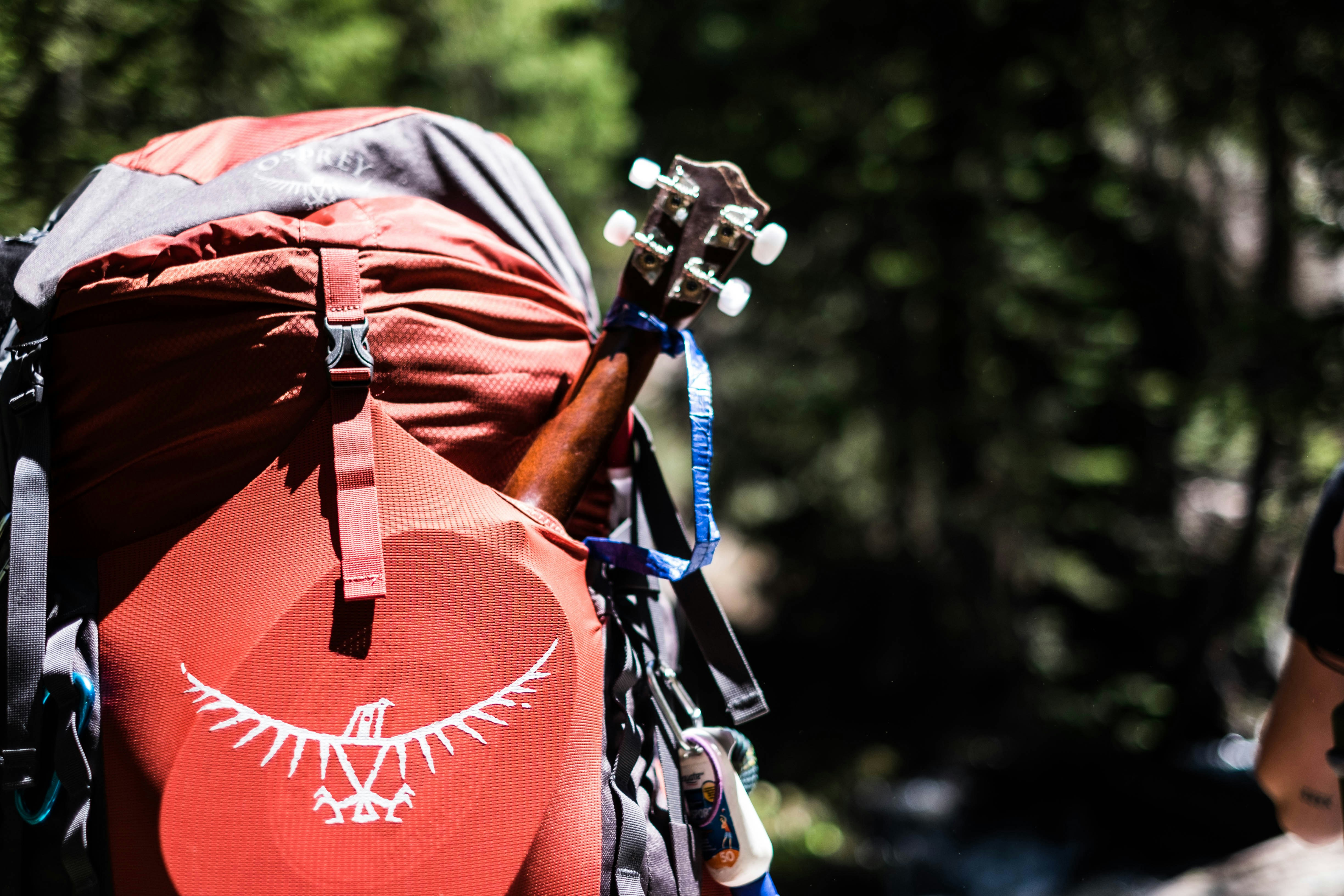 Red Pack Eclipse: A Backpack Portrait with Guitar Slung Behind