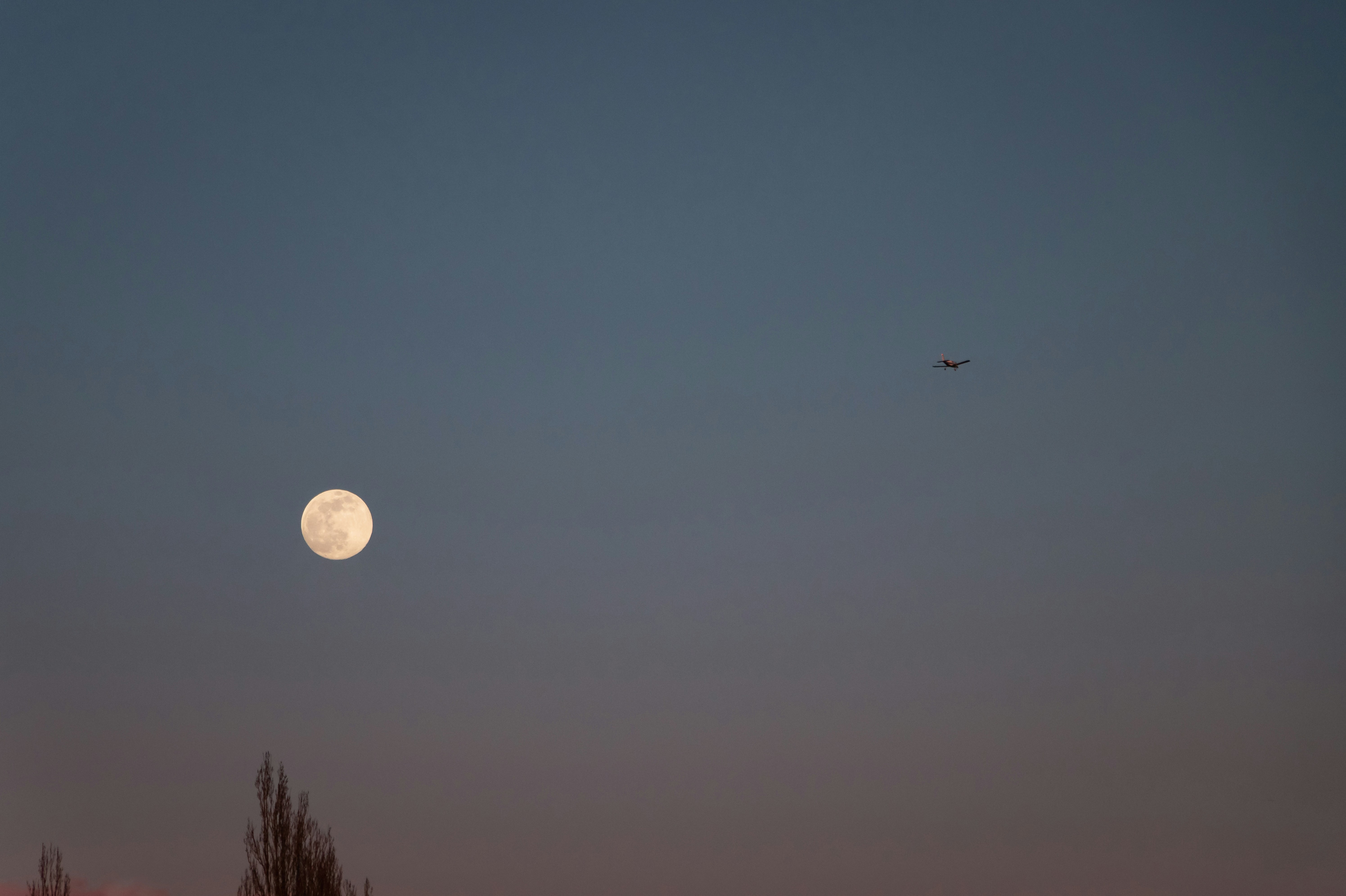 Moonrise Over a Quiet Horizon as a Distant Aircraft Traces a Vanishing Arc
