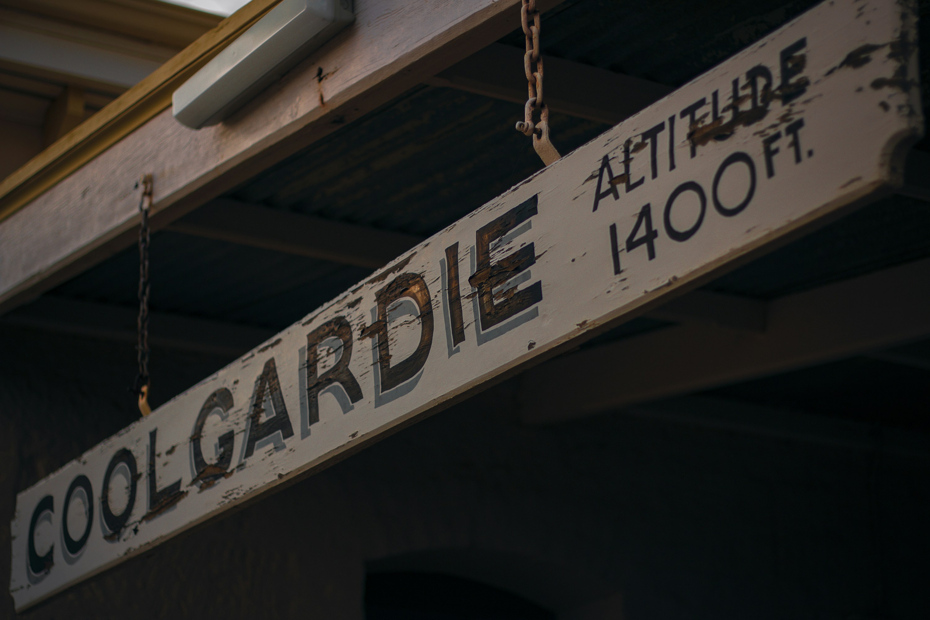 Weathered Sign of Cool Gardie: Aged Wood and Hanging Chains