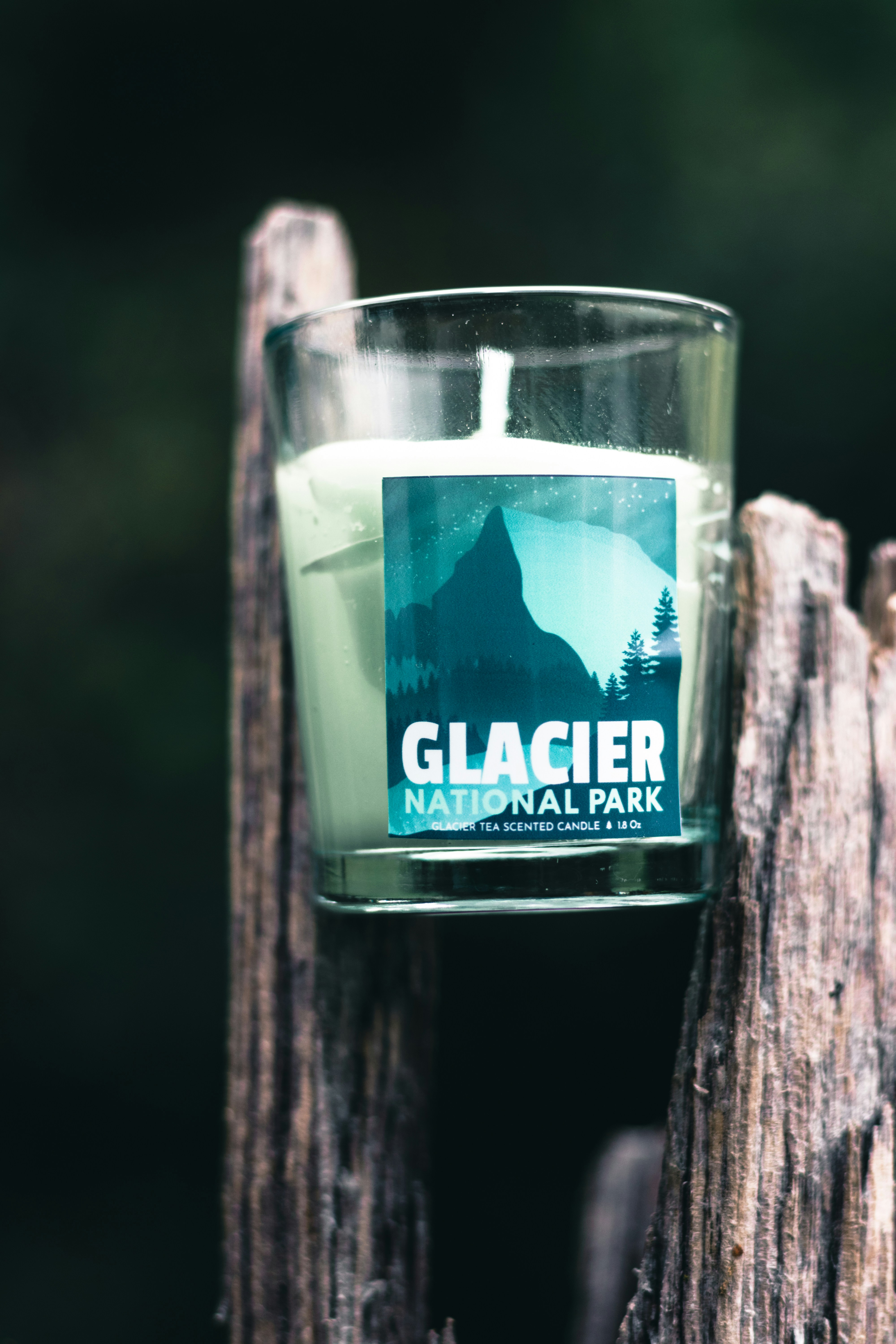 Glacial Glow in Rustic Wood: A Glacier National Park Scented Candle