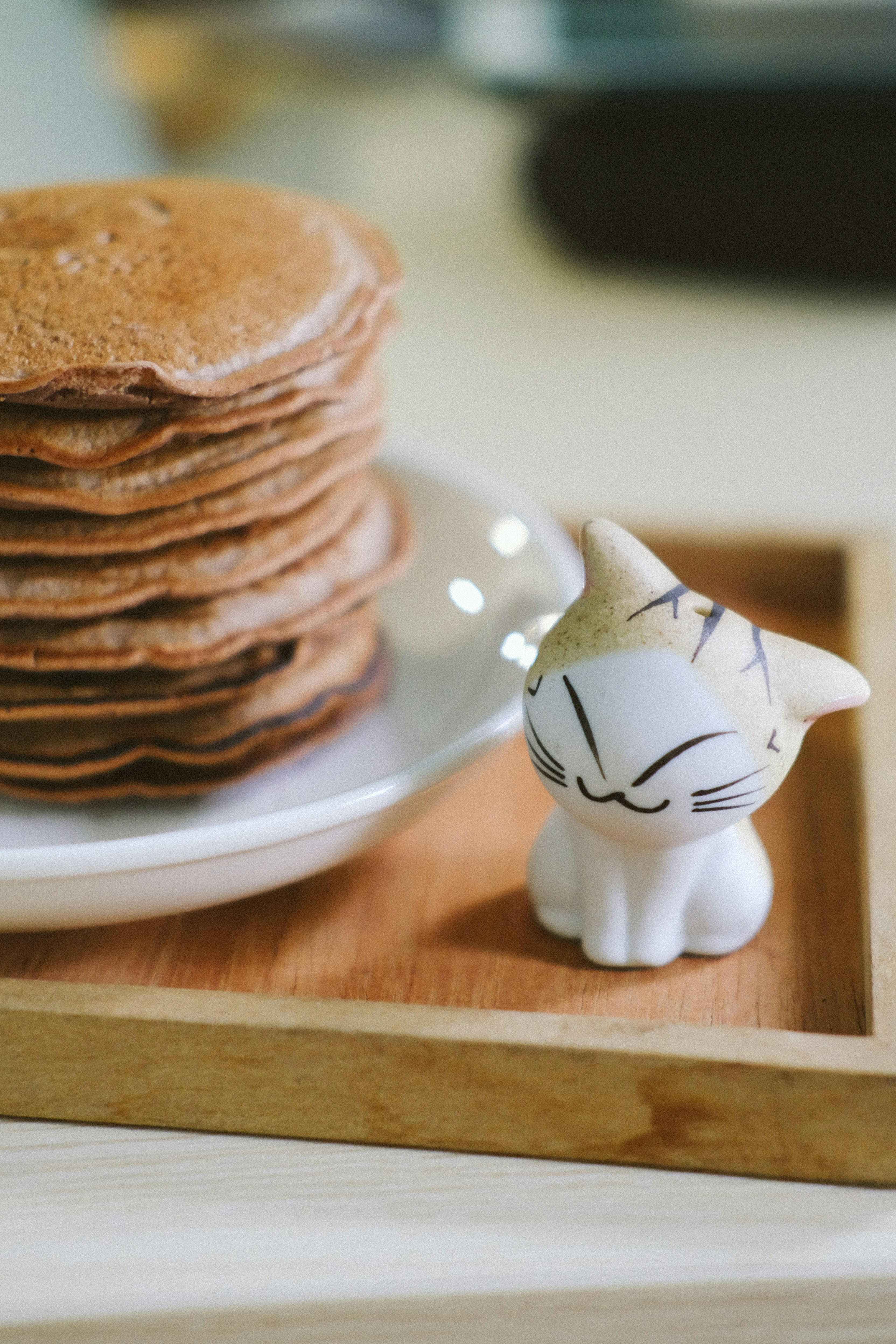 Whiskered Sentinel Beside a Pancake Stack