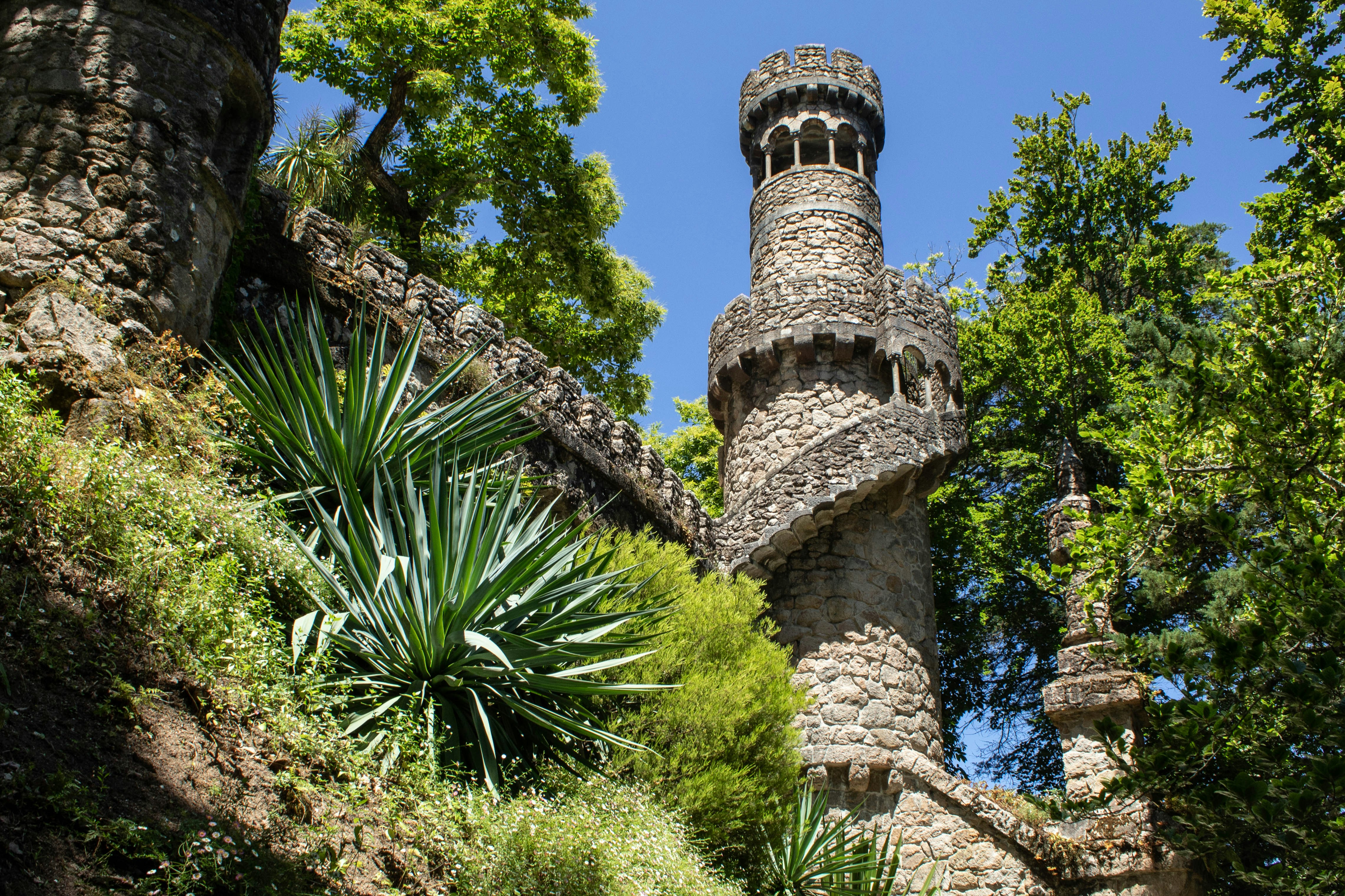 Stone tower with a spiral staircase surrounded by lush greenery under a clear blue sky.