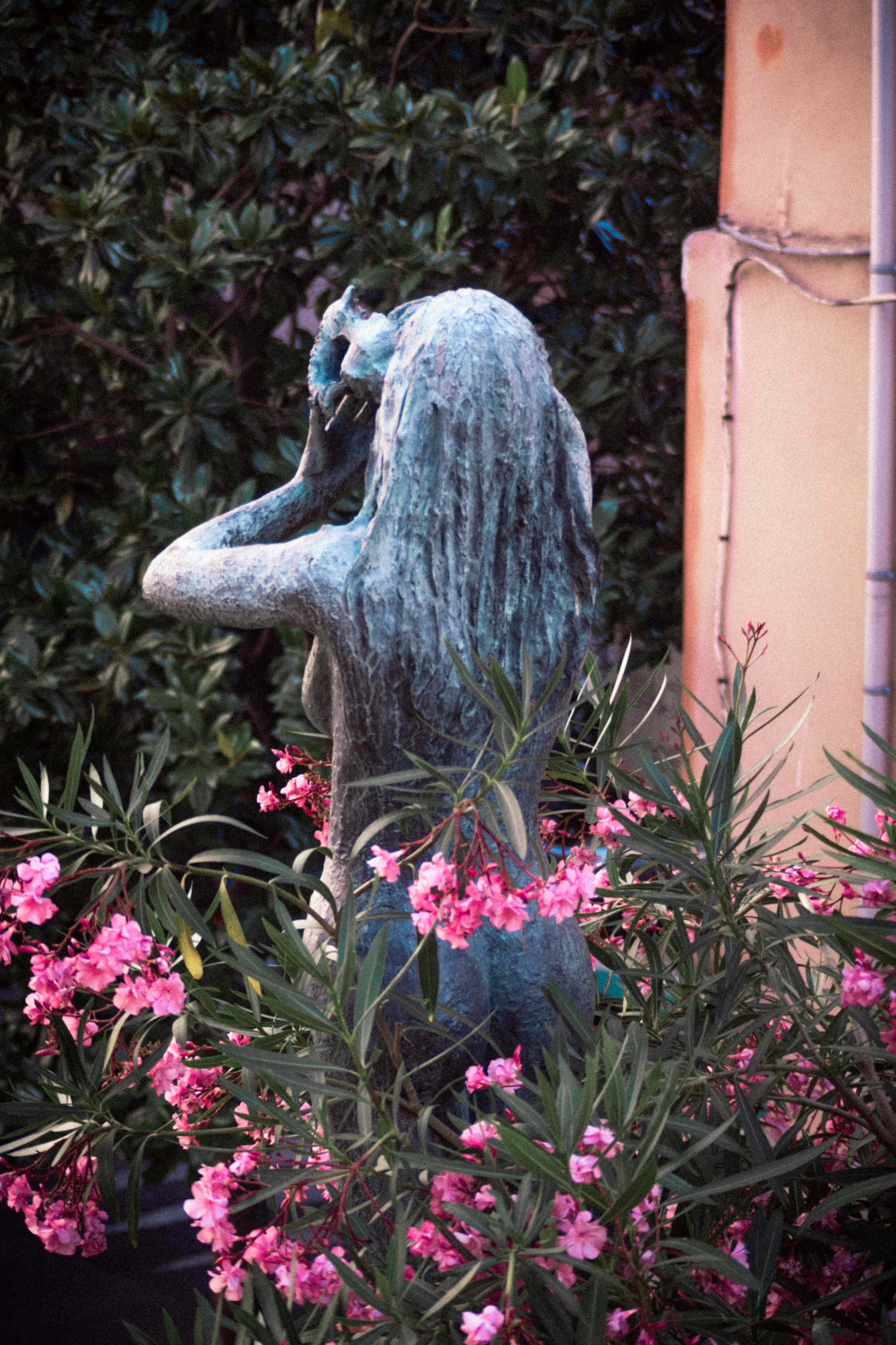 Back-portrait of a weathered girl statue framed by pink oleander in a sunlit courtyard
