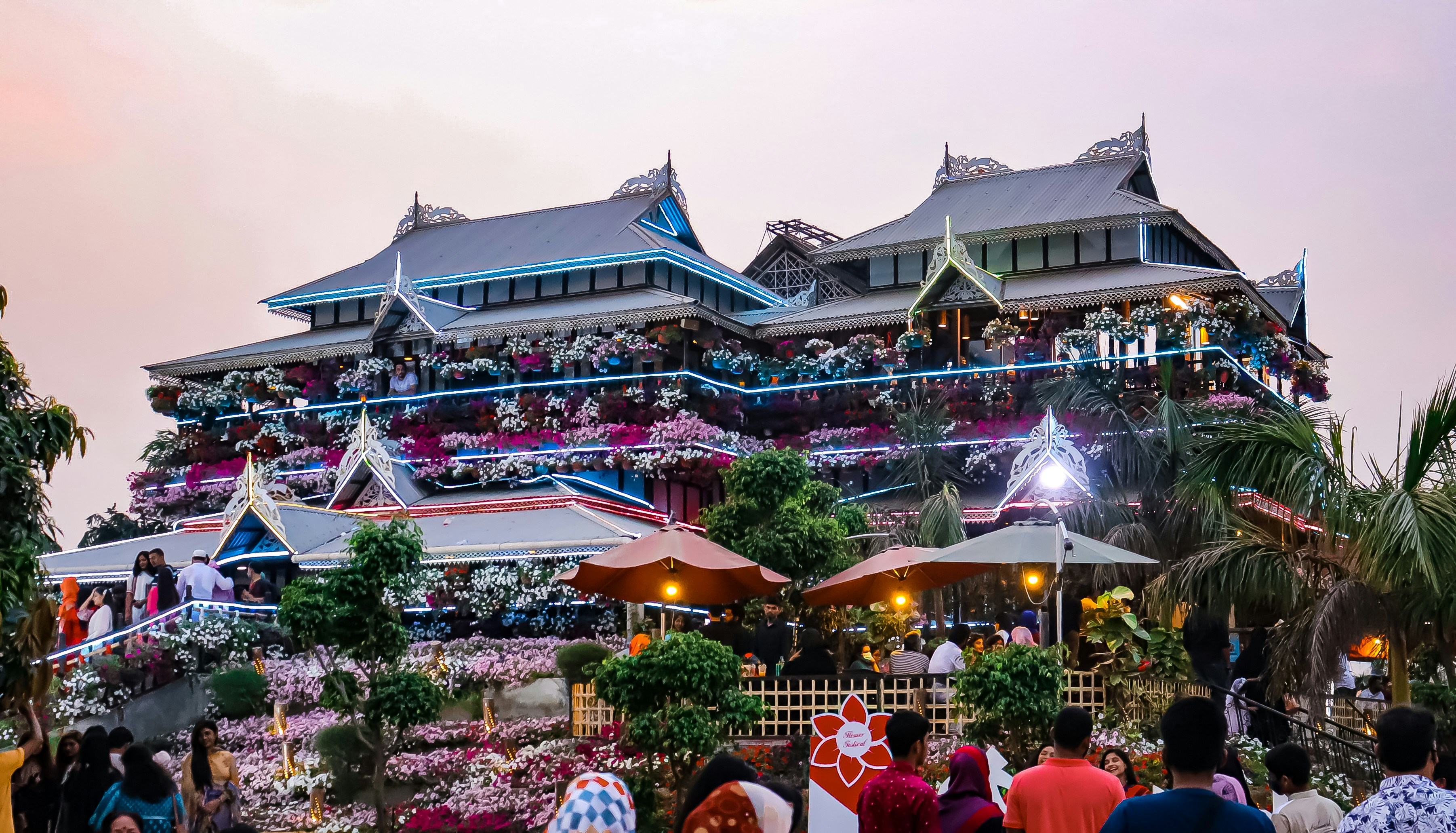 Floral Terrace at Dusk: A Pagoda-Style Mountaintop Gathering