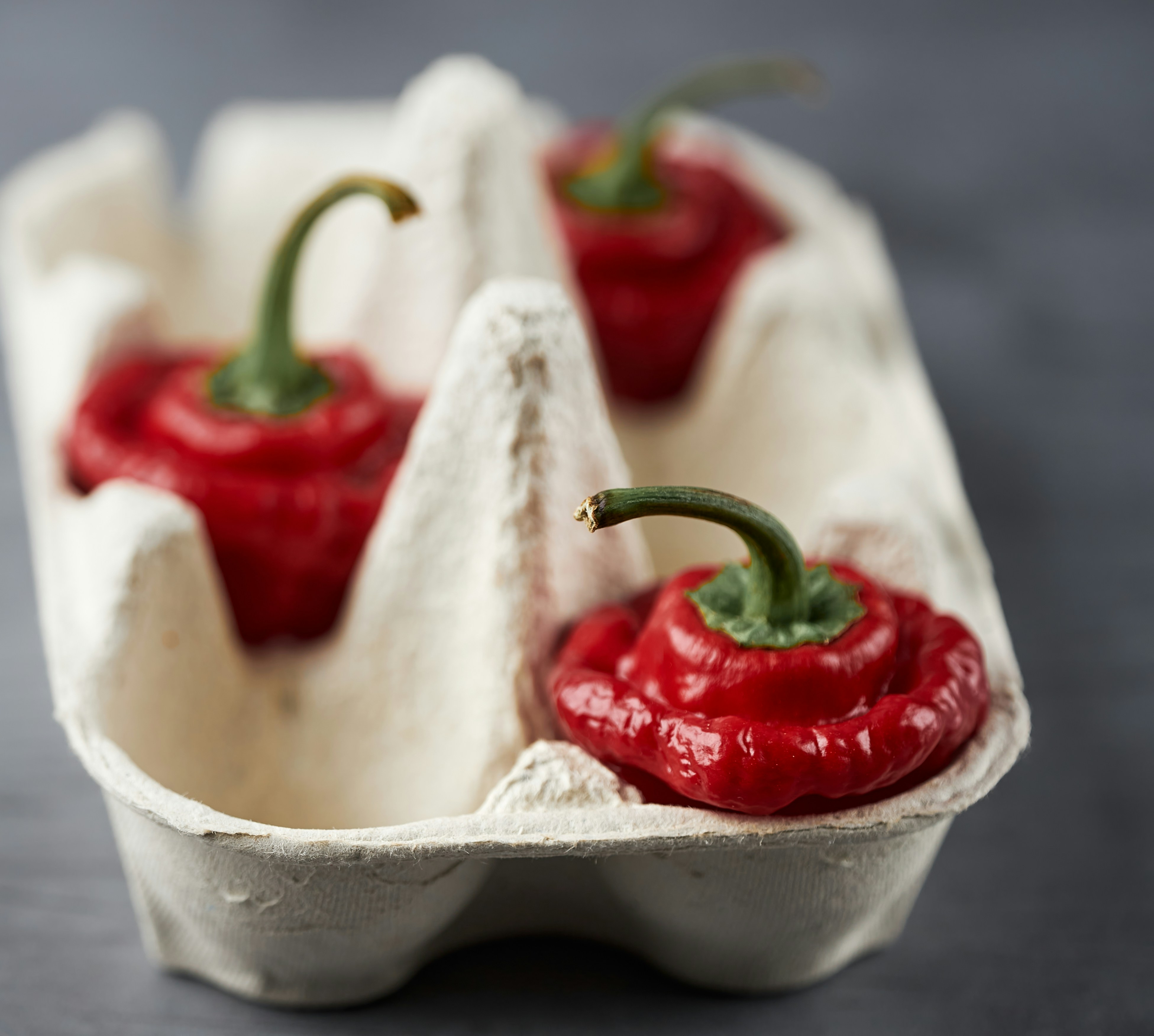 Crimson Bell Peppers: Close-Up Portrait in a Recycled Egg Carton