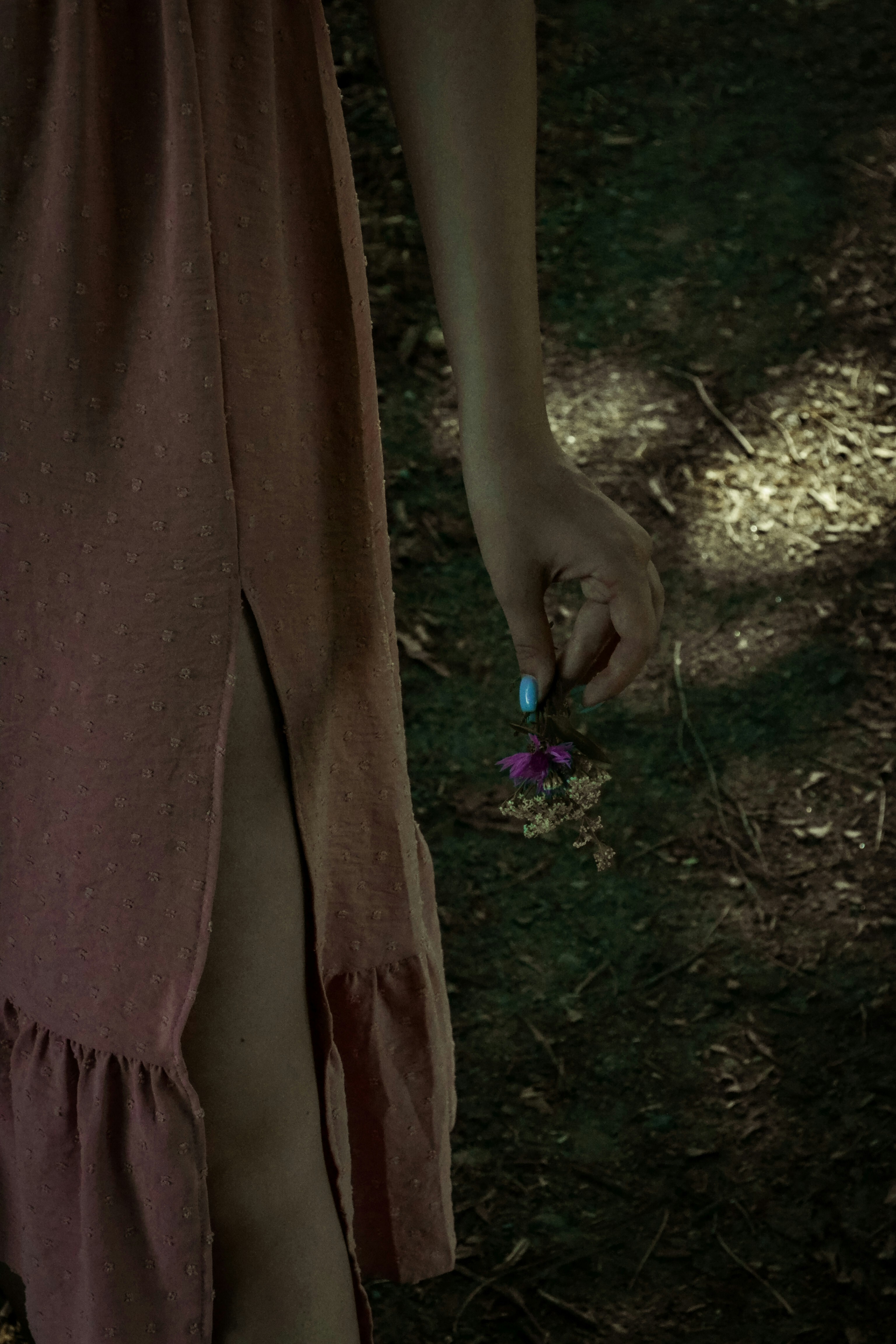 Hand, Dress, and a Tiny Purple Bloom in a Sun-Dappled Forest