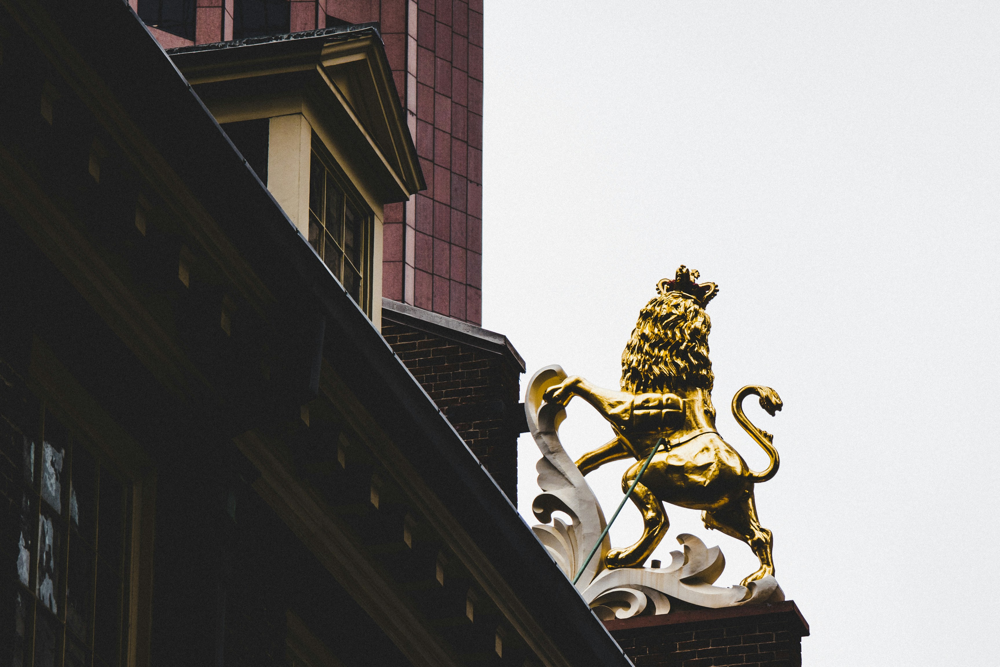 Golden Lion on the Roof Crest Overlooking the Urban Edge