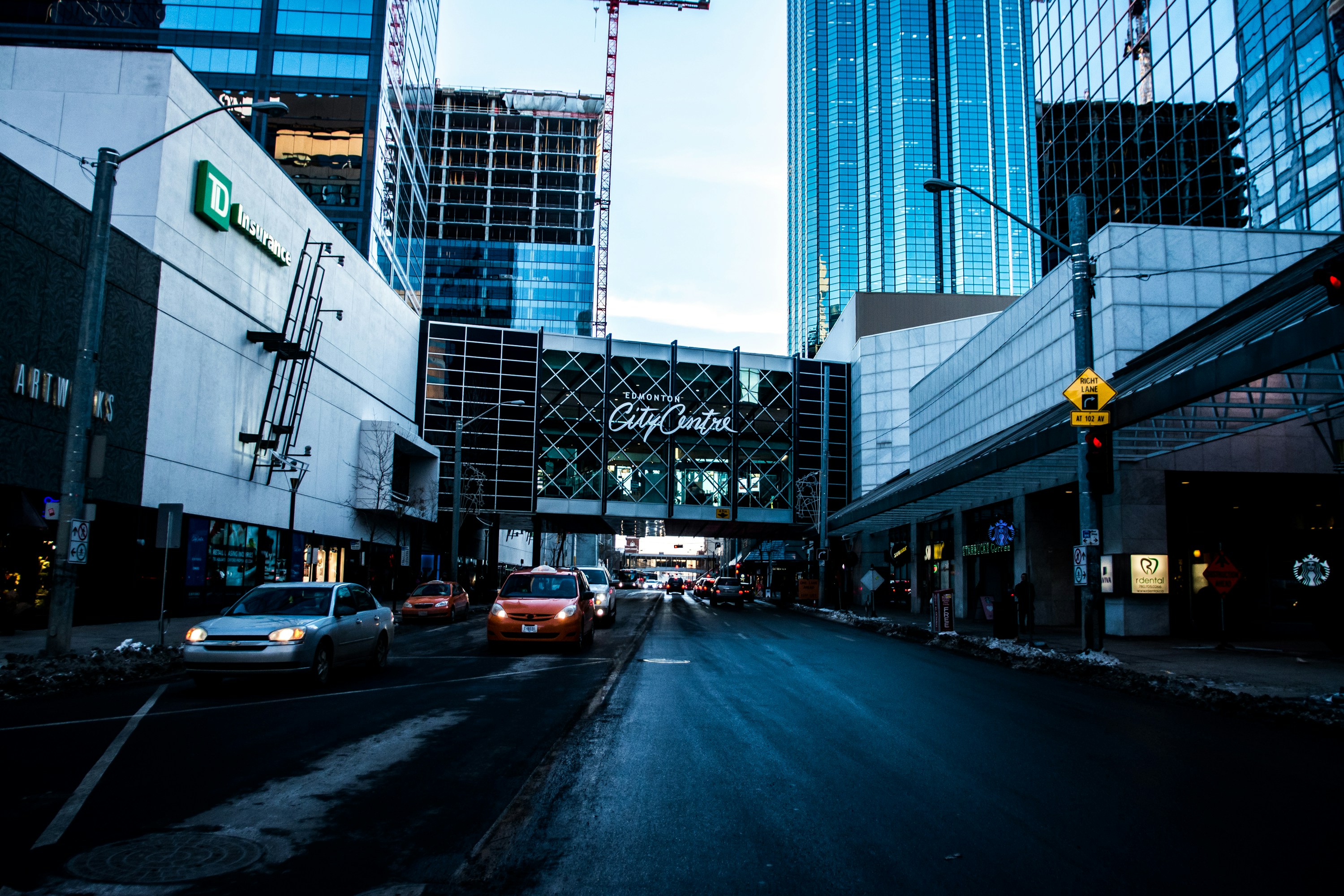 City street lined with tall buildings and cars during daytime.