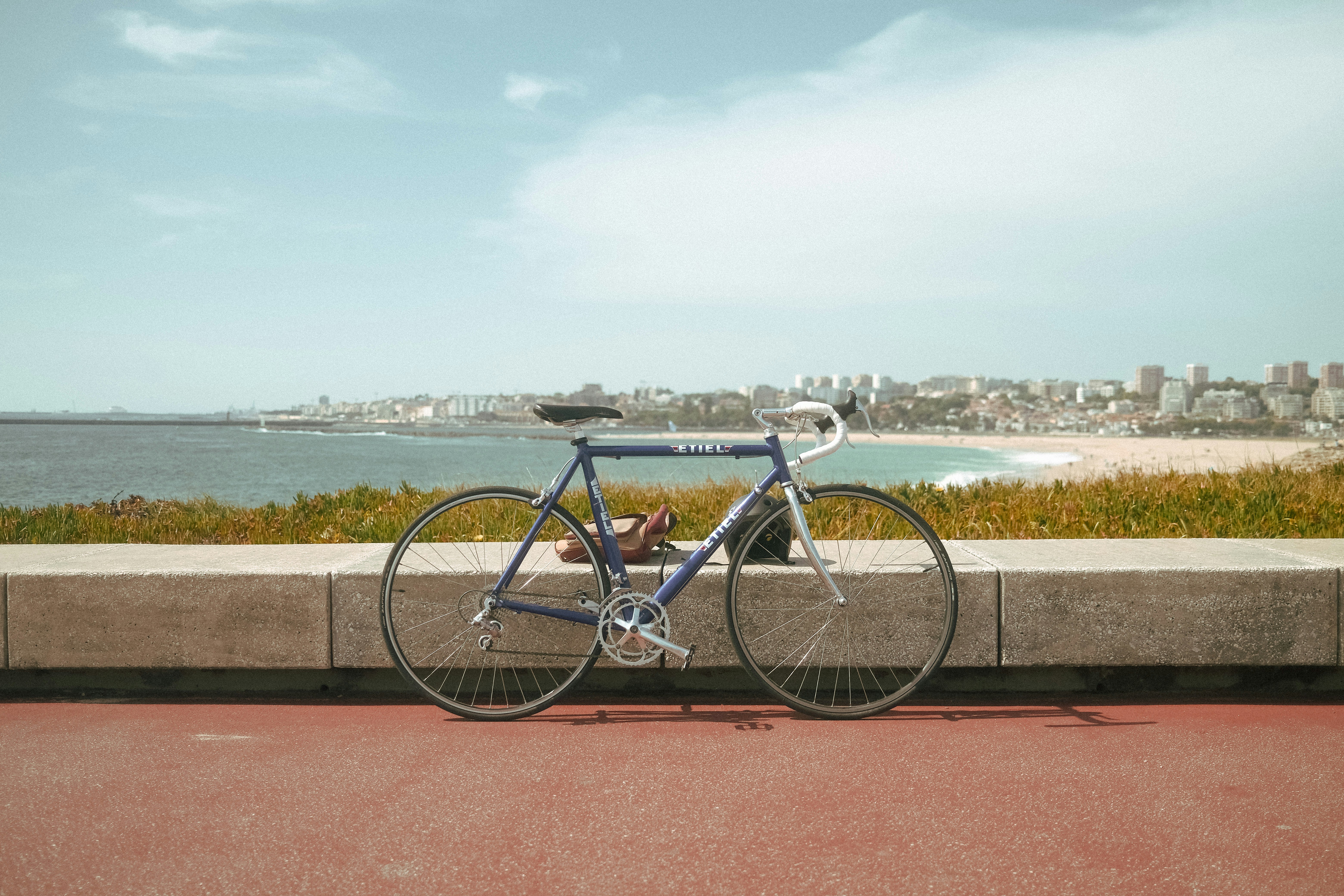 A sleek bicycle rests against a coastal promenade, overlooking the serene ocean and distant cityscape. The scene captures a moment of tranquility by the water.