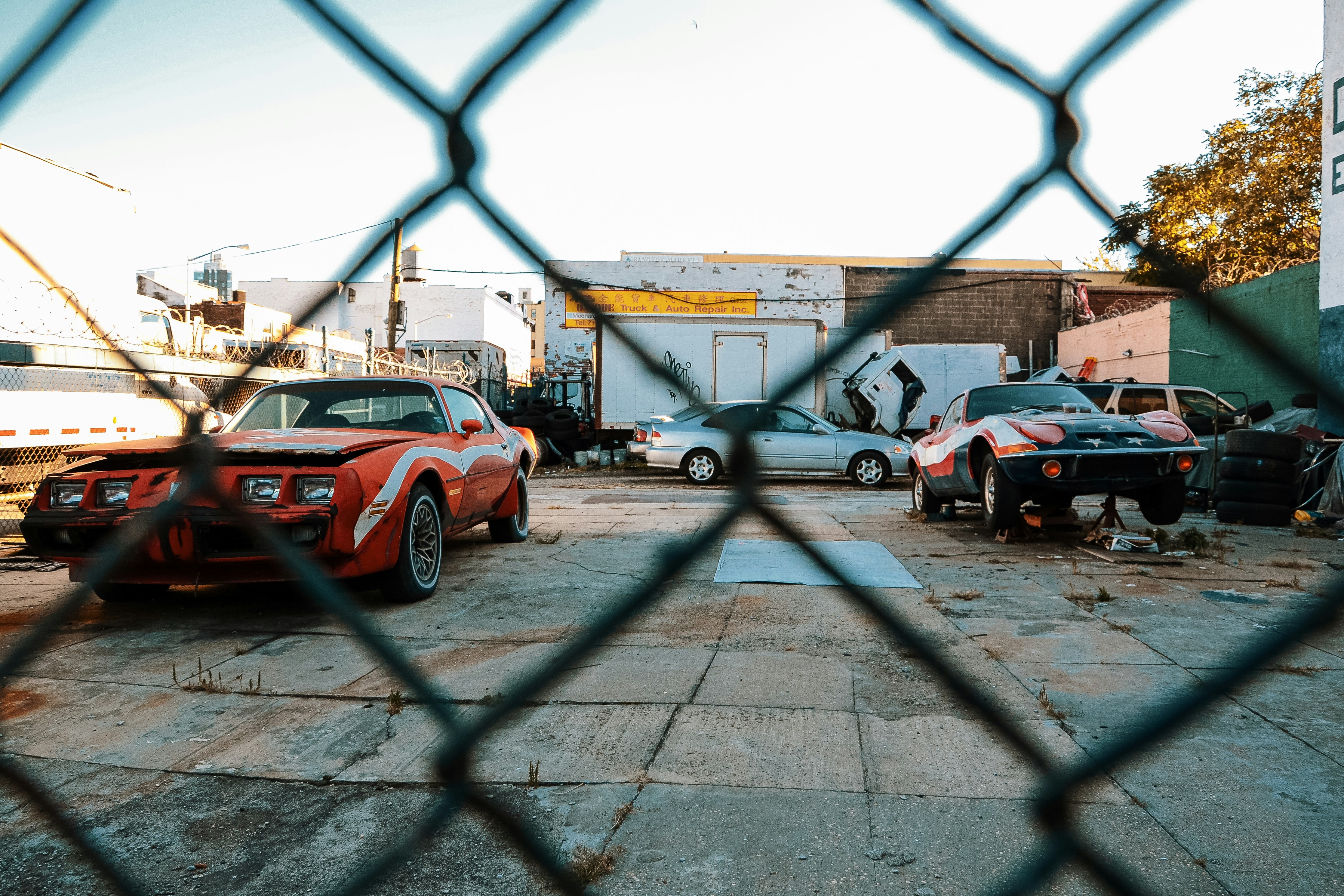 Locked Gate, Open Yard: Classic Cars Framed by Chainlink