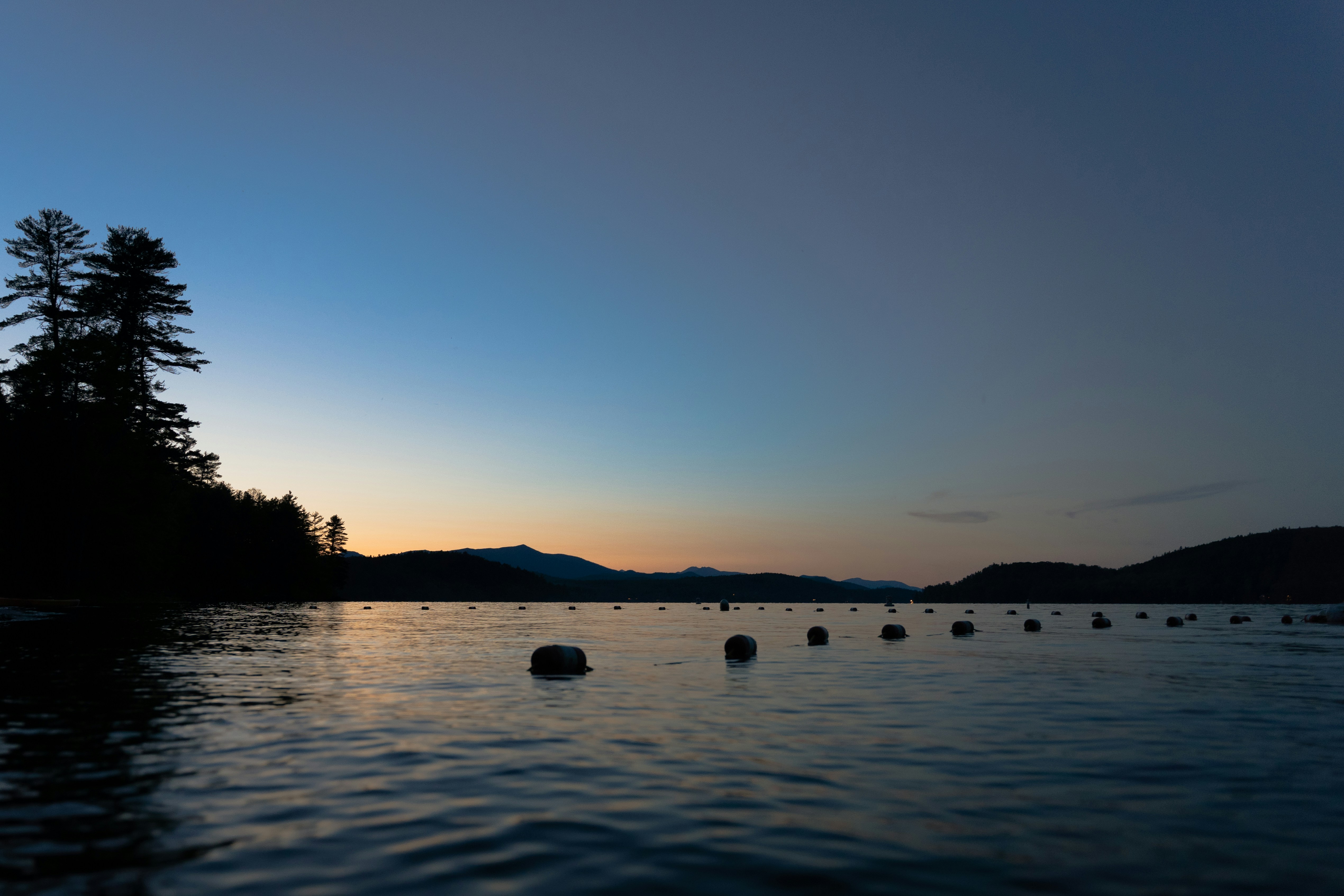 Silhouetted trees outline a tranquil lake at dusk, with gentle waves reflecting the fading light. Buoys float serenely across the water's surface.